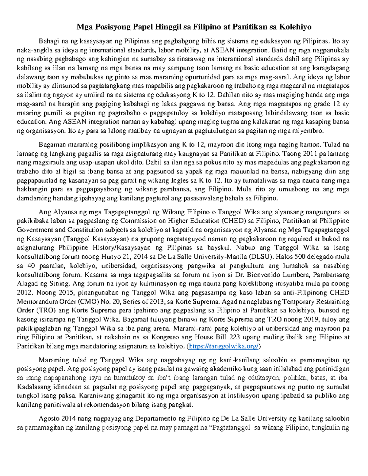 FIL 101 Week 2 Posisyong Papel - Mga Posisyong Papel Hinggil sa ...