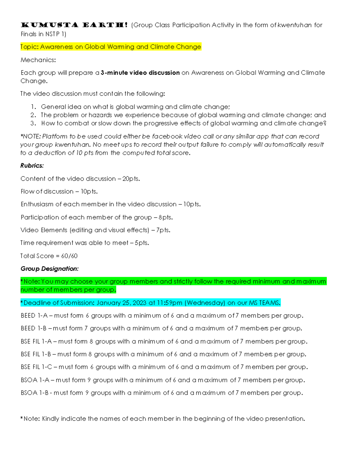 Kumusta Earth NSTP 1 Final Activity - KUmusta Earth! (Group Class ...