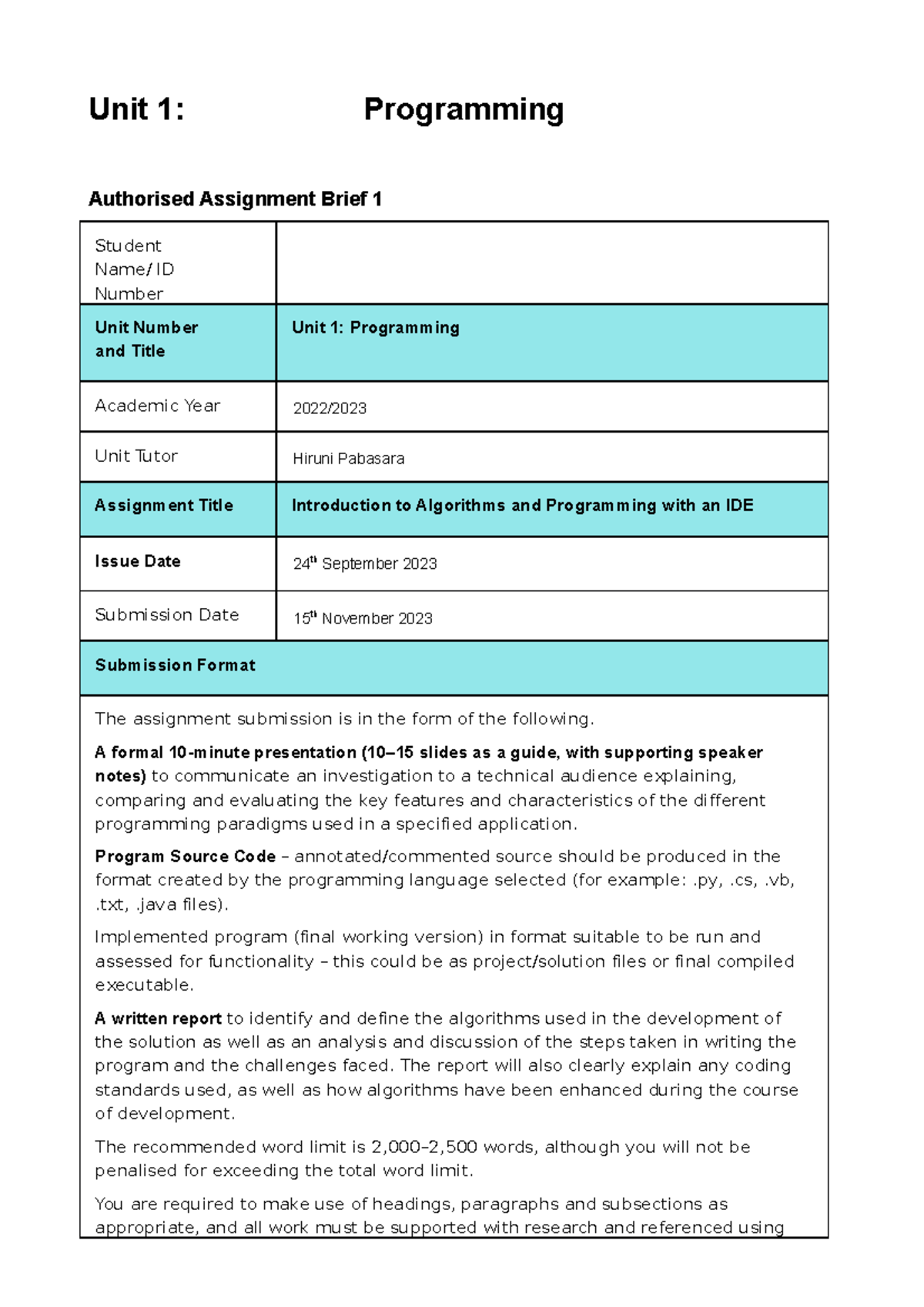 Unit 01 Programming - Produce a formal presentation (with supporting ...