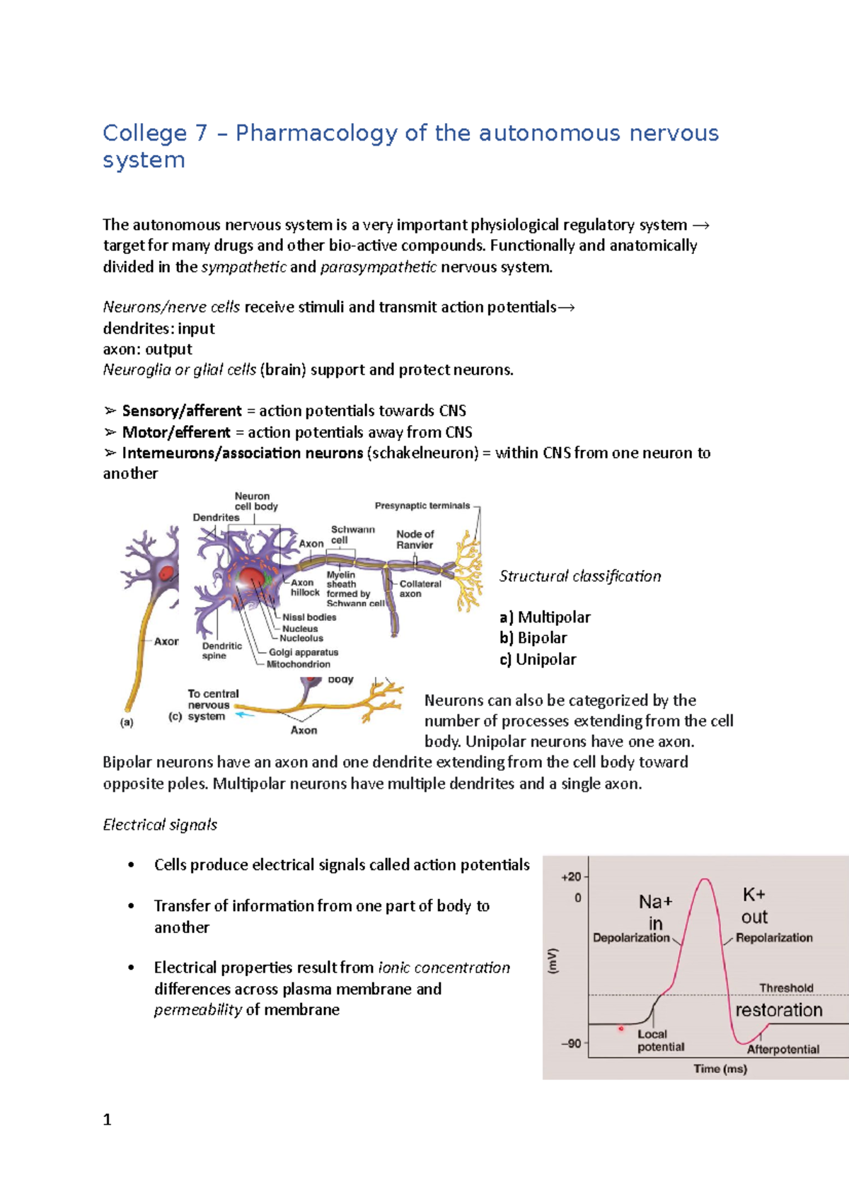 Pharmacology- College notes 7-11 - College 7 – Pharmacology of the ...