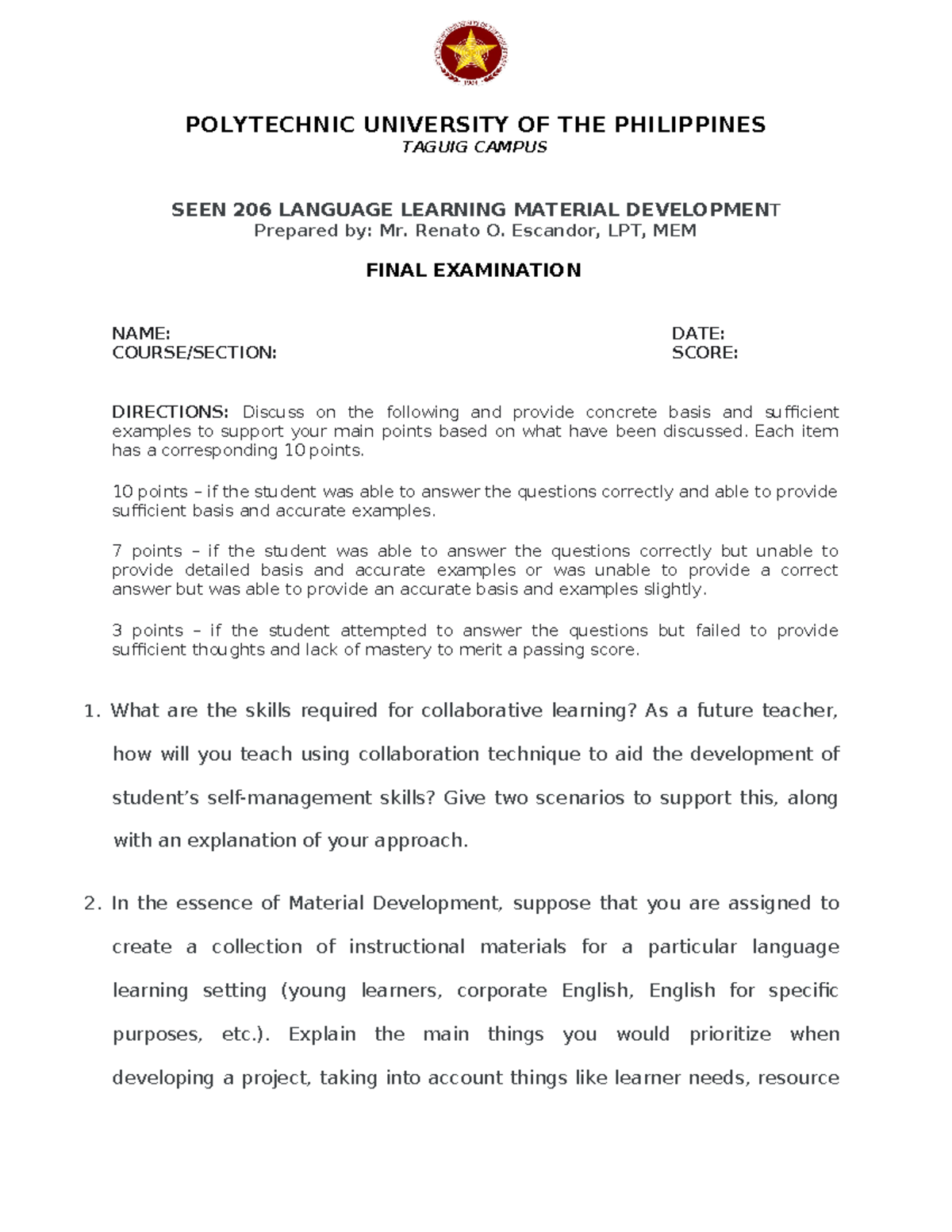 LLMD Final EXAM 1st Semeter 2023 24 - POLYTECHNIC UNIVERSITY OF THE ...