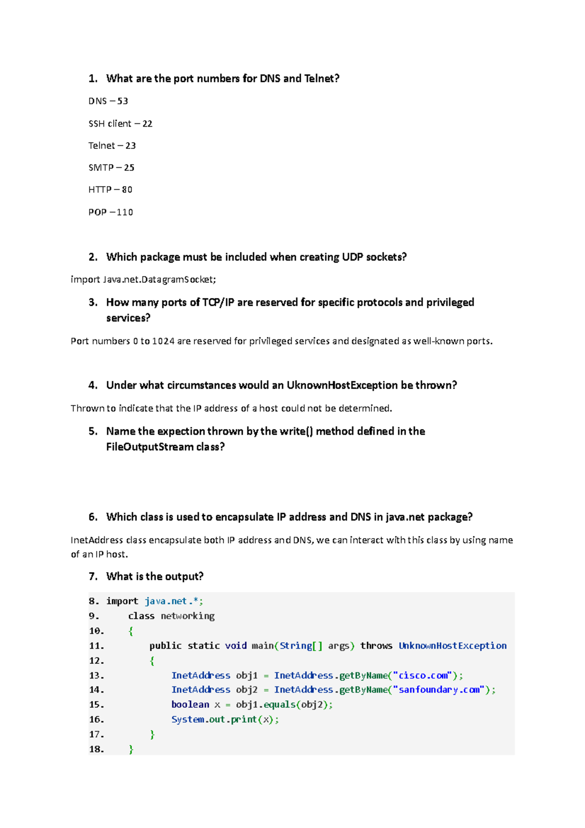 2015 java - 1. What are the port numbers for DNS and Telnet? DNS – 53 ...