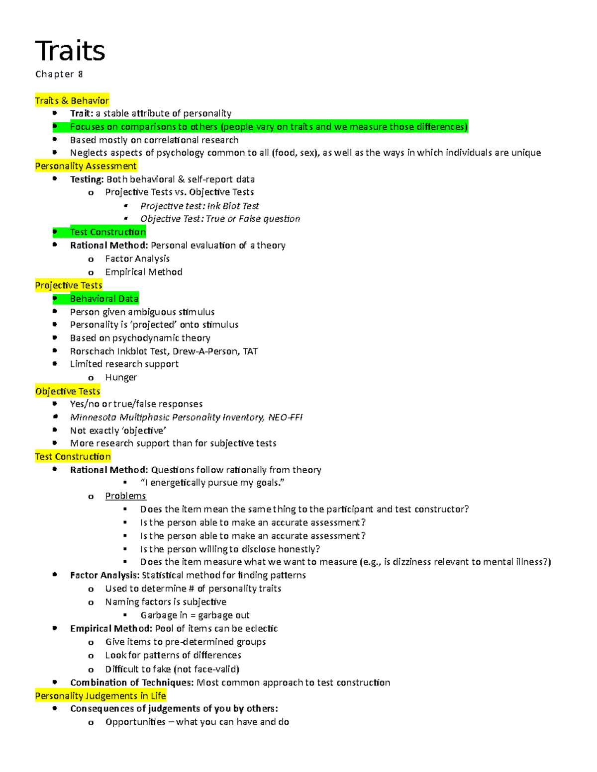 Traits - Lecture notes 9 - Traits Chapter 8 Traits & Behavior Trait: a ...