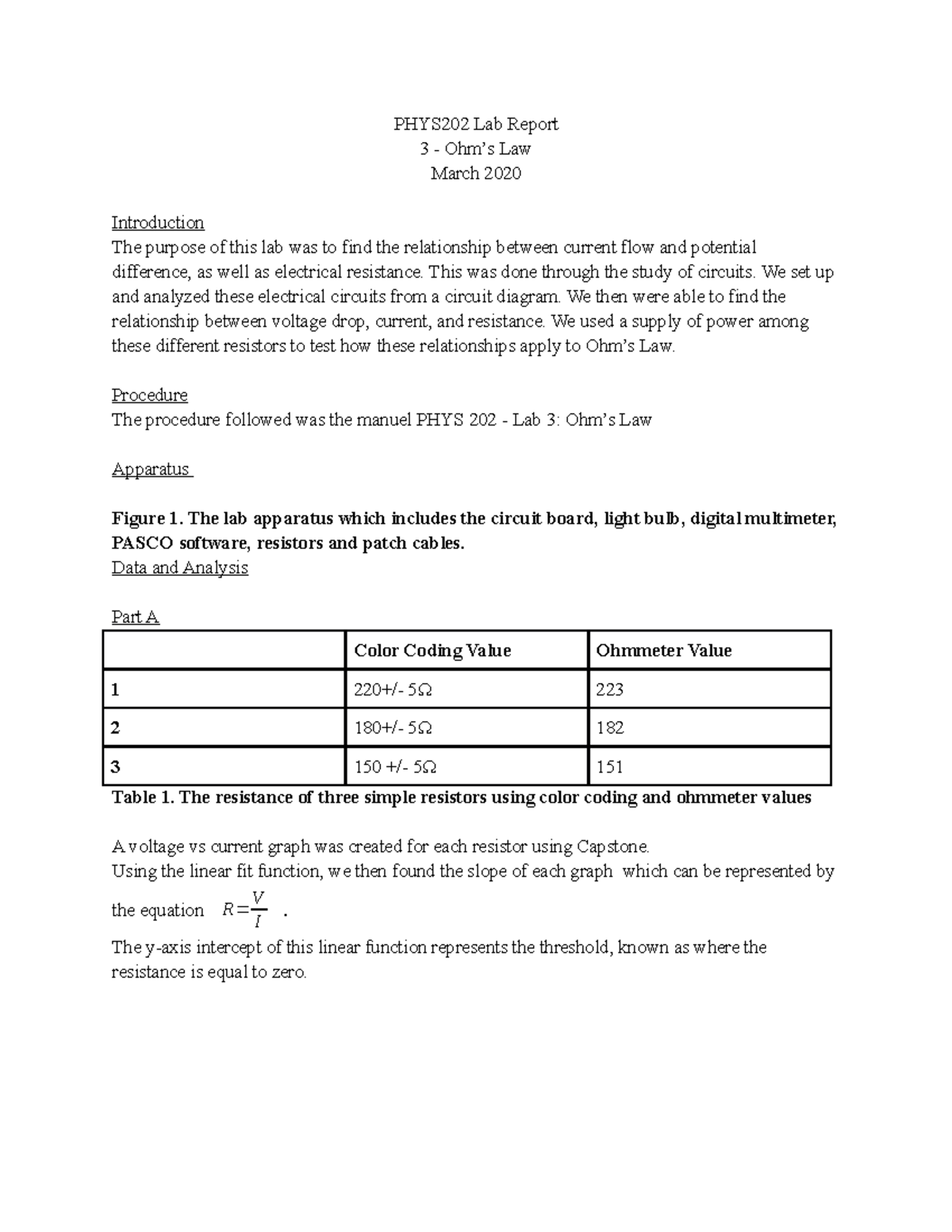 PHYS II - 202 Lab 3 - PHYS202 Lab Report 3 - Ohm’s Law March 2020 ...