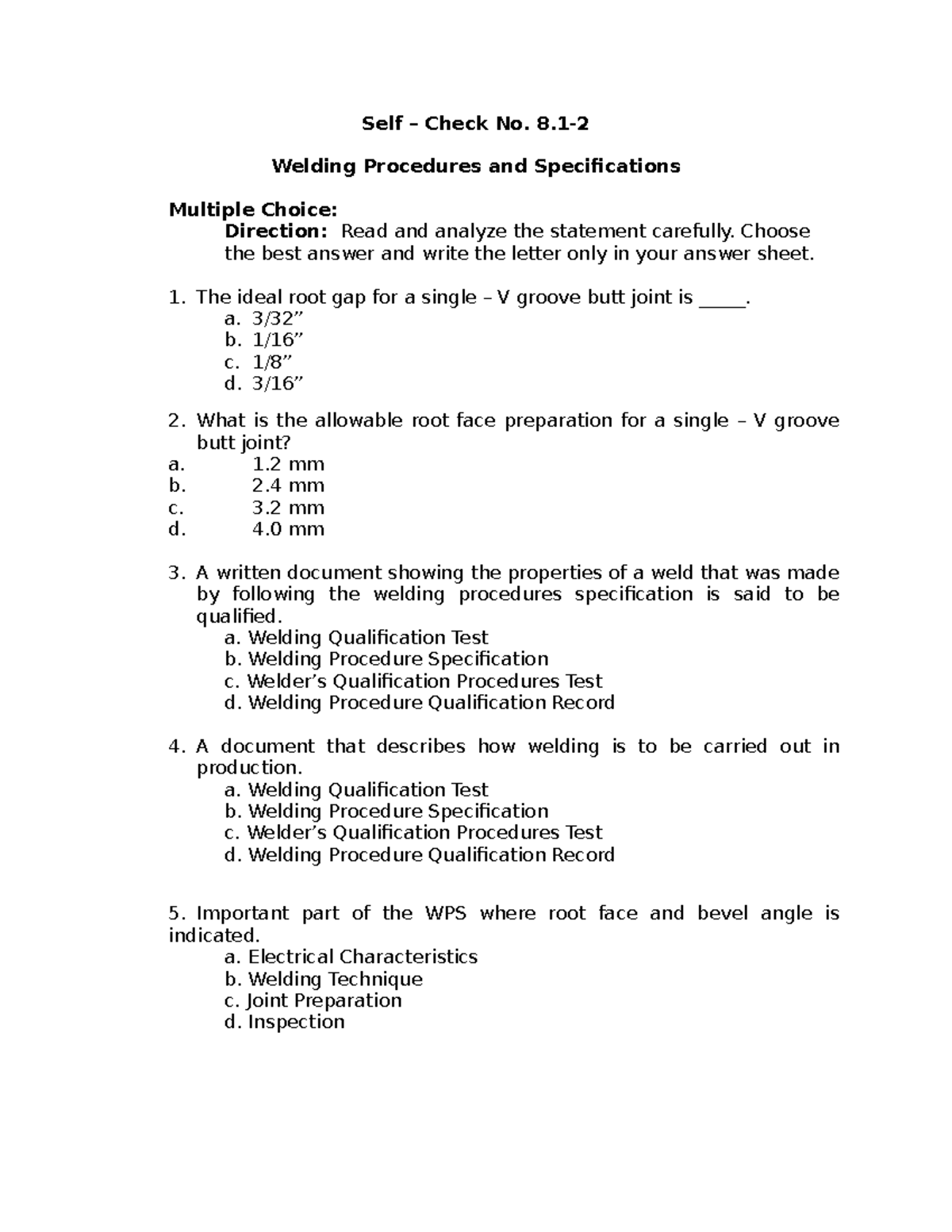 8. Fit-up Weld Materials - Quiz - Self – Check No. 8- Welding ...