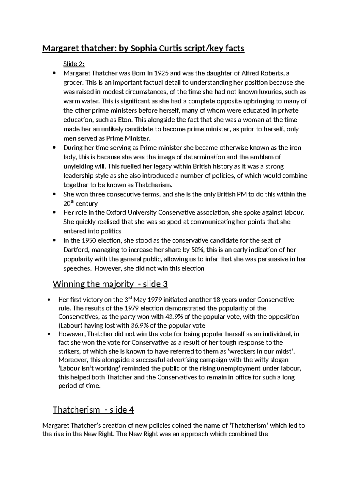 Margaret thatcher facts script - Margaret thatcher: by Sophia Curtis ...