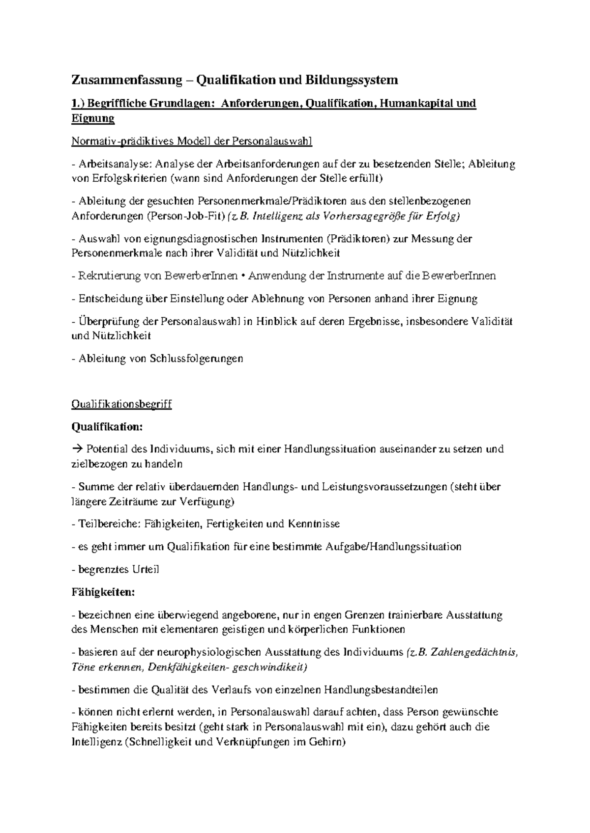 Zusammenfassung Vorlesung Qualifikation und Bildungssystem ...