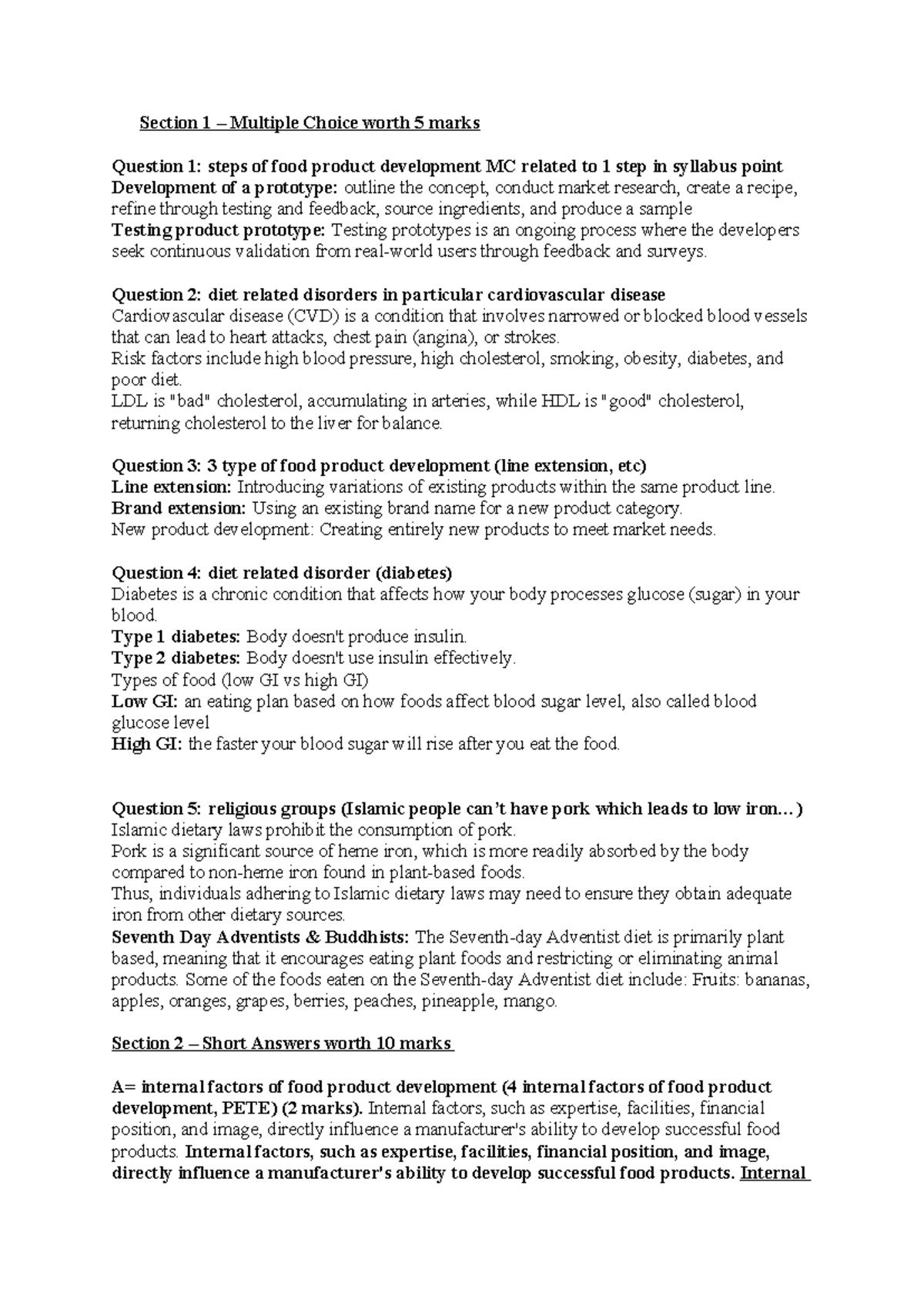 Food tech notes updated - Section 1 – Multiple Choice worth 5 marks ...