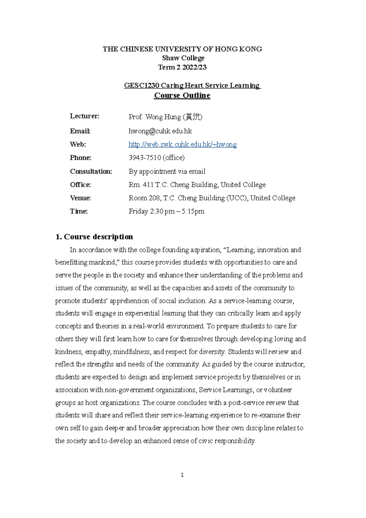 GESC1230 Caring Heart Service Learning Course Outline 3 - THE CHINESE ...