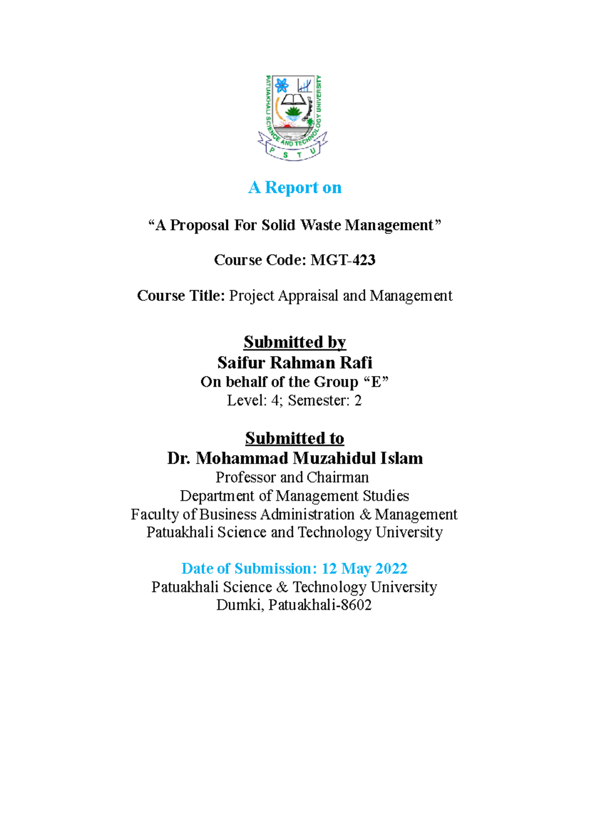 Group E MGT-422 - Bal - A Report on “A Proposal For Solid Waste ...