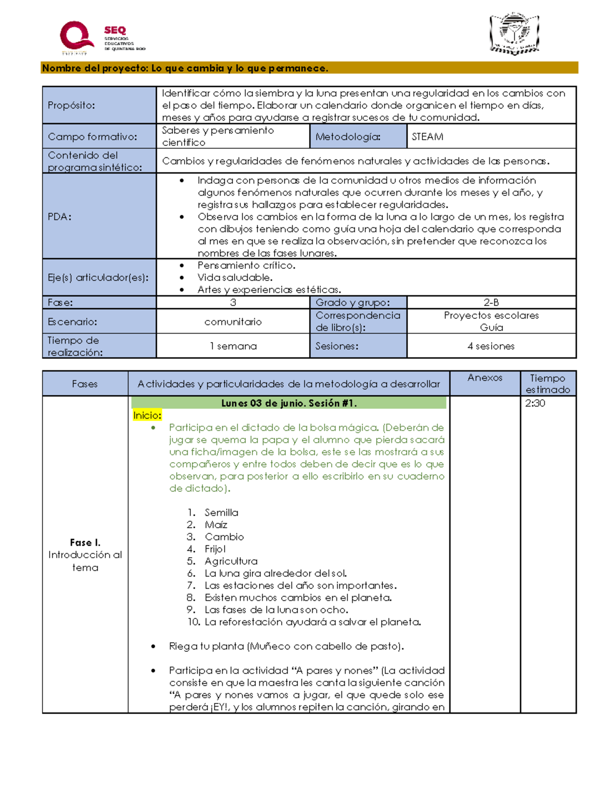 Planeación. Semana 2. Lo que cambia y lo que permanece - Nombre del proyecto: Lo que cambia y lo ...