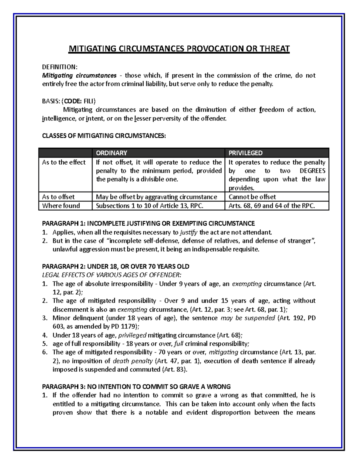 Mitigating Circumstances Provocation OR Threat - Business Law - TIP ...