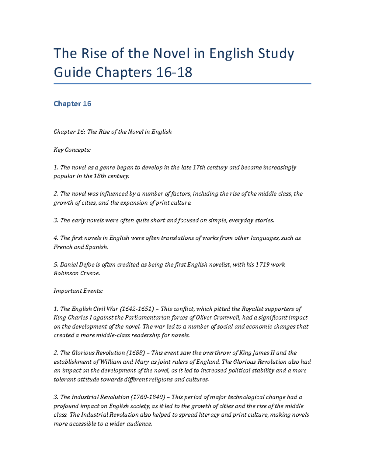 The Rise of the Novel in English Study Guide Chapters 16-18 - The Rise ...