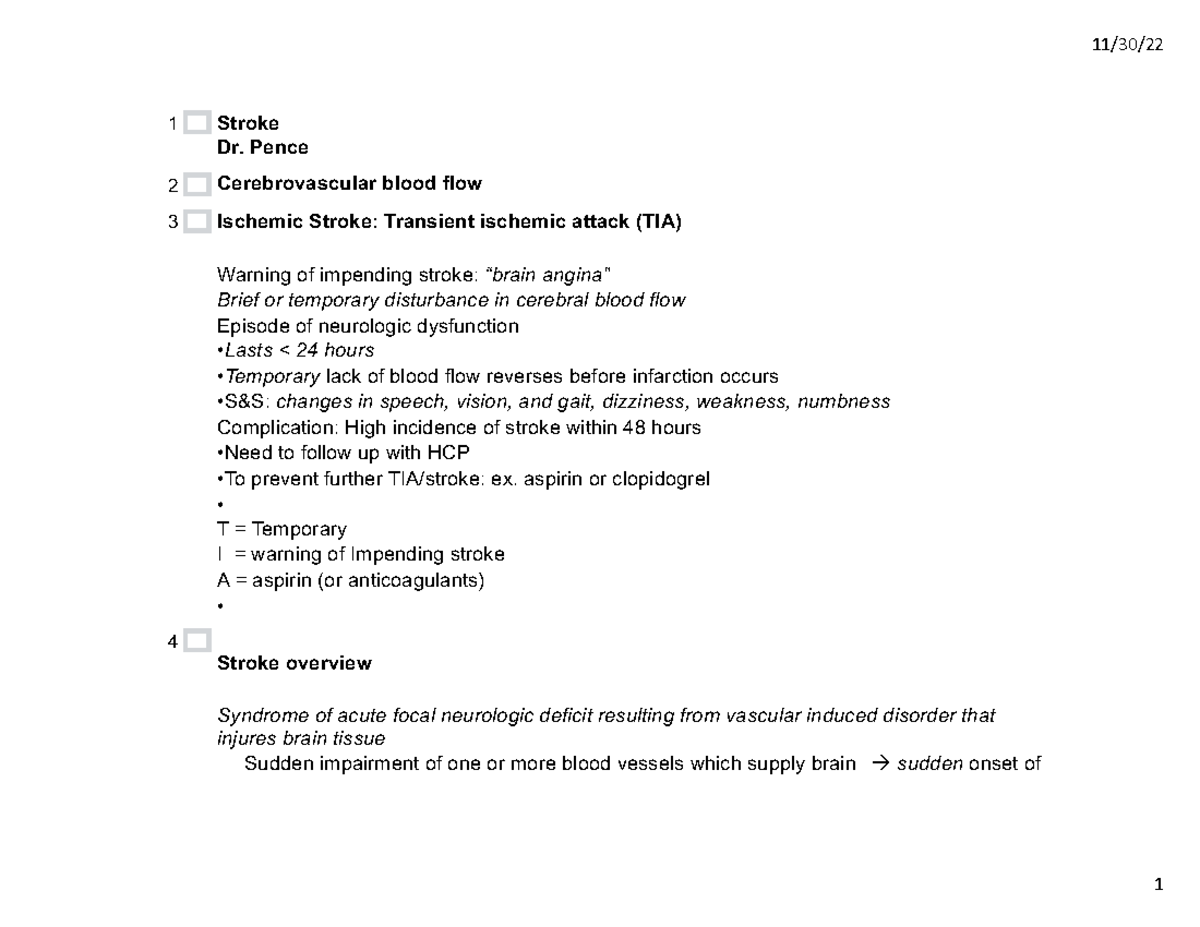 Strokes 239 - stoke notes - 11/30/ 1 Stroke Dr. Pence Cerebrovascular ...