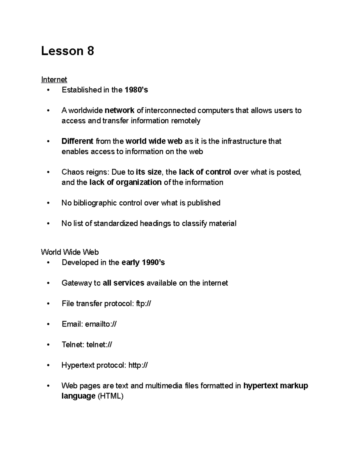 Lesson 8 INST250 - lecture notes - Lesson 8 Internet - Established in ...