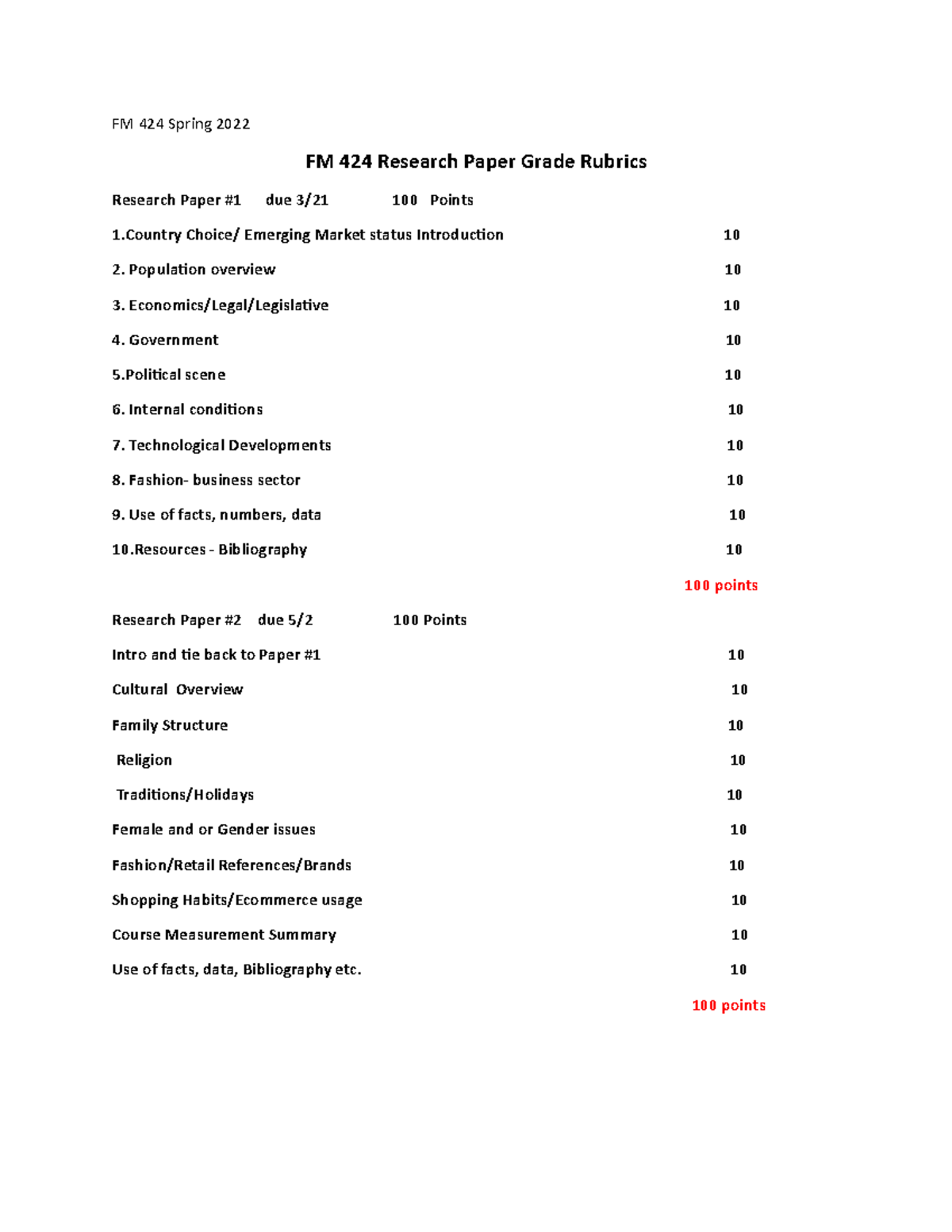 Research Paper Rubics - FM 424 Research Paper Grade Rubrics 100 points ...