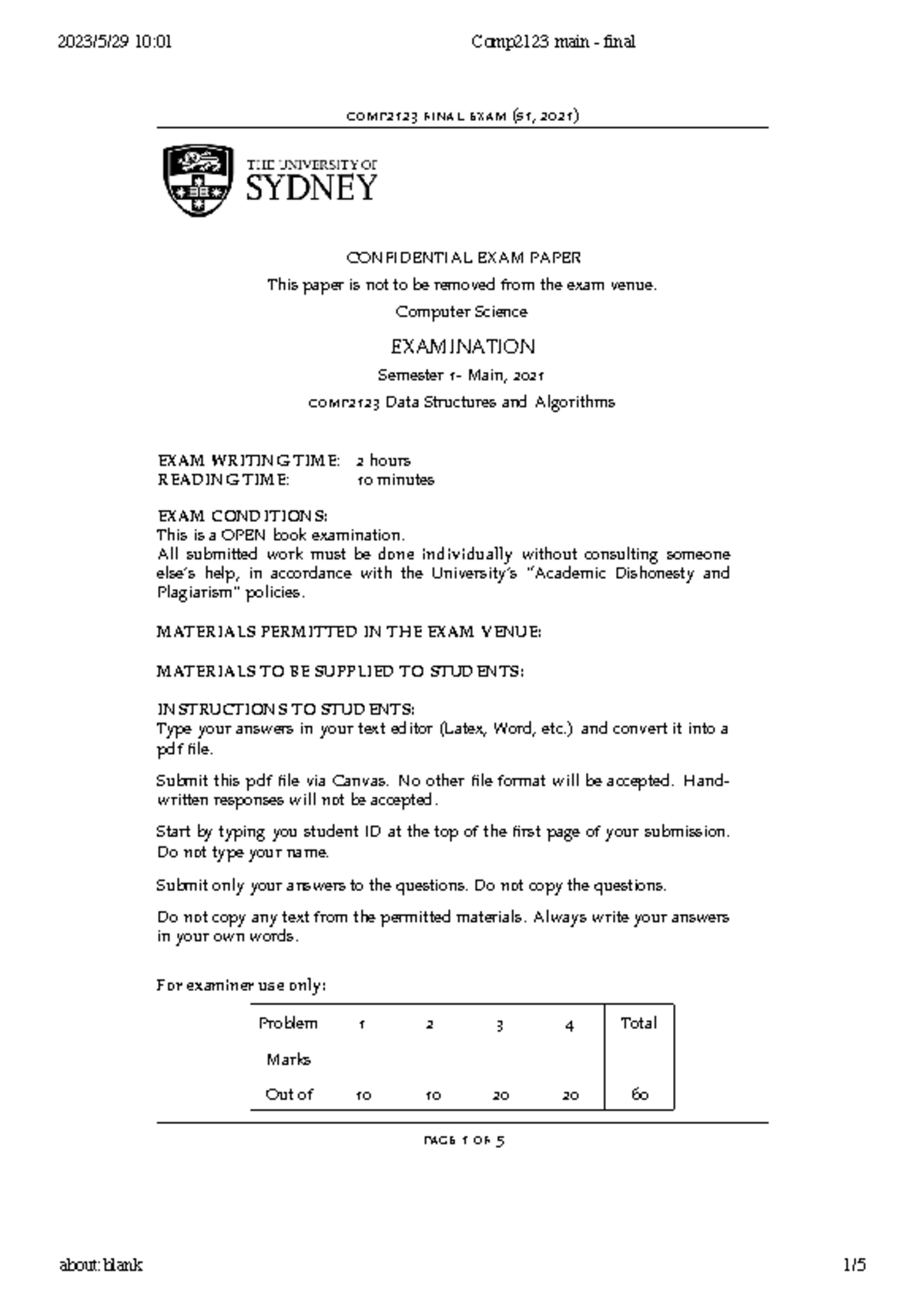 Comp2123 main - final - comp2123 final exam (s1 , 2021 ) CONFIDENTIAL ...