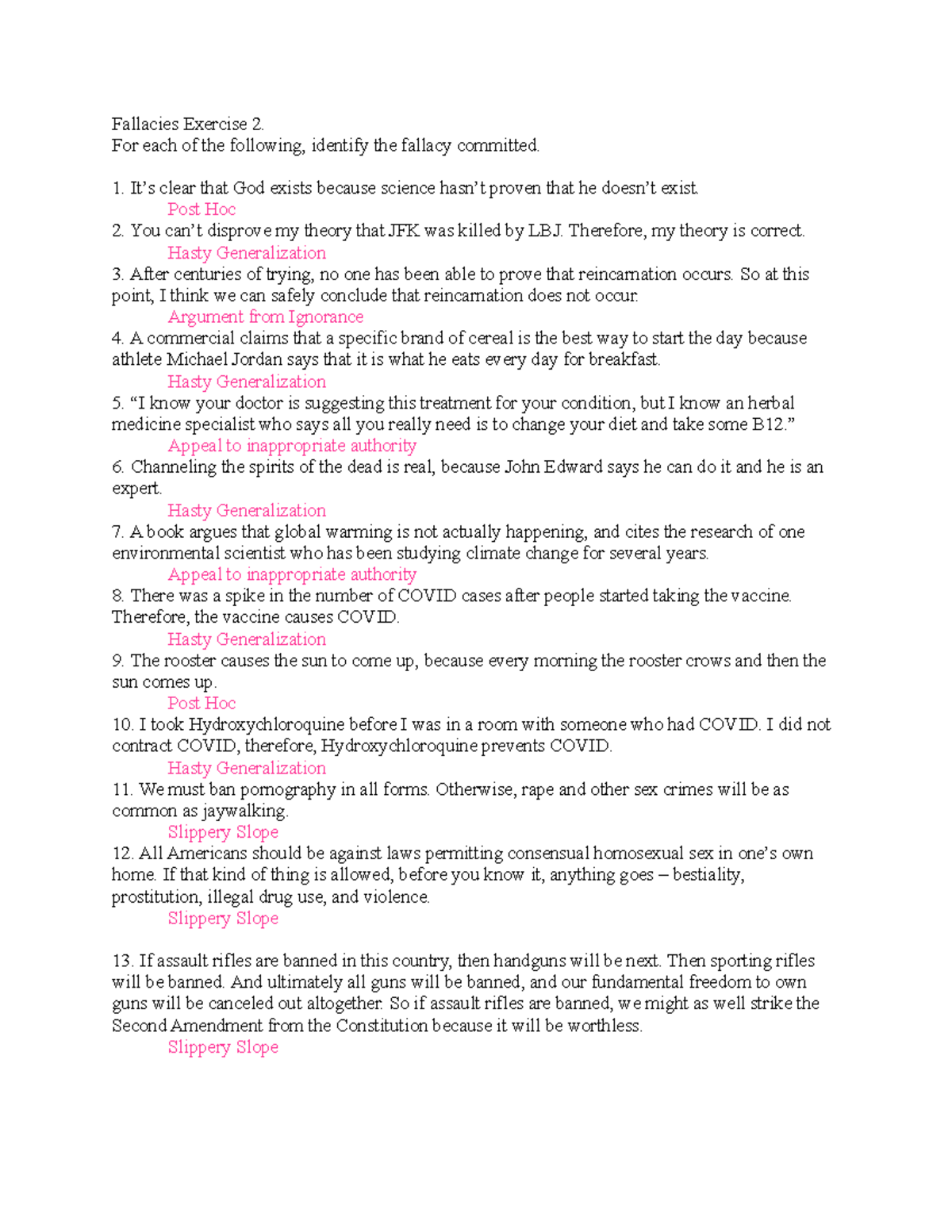 Fallacies Exercise 2 - PHIL 2020 (Critical Thinking) This assignment ...