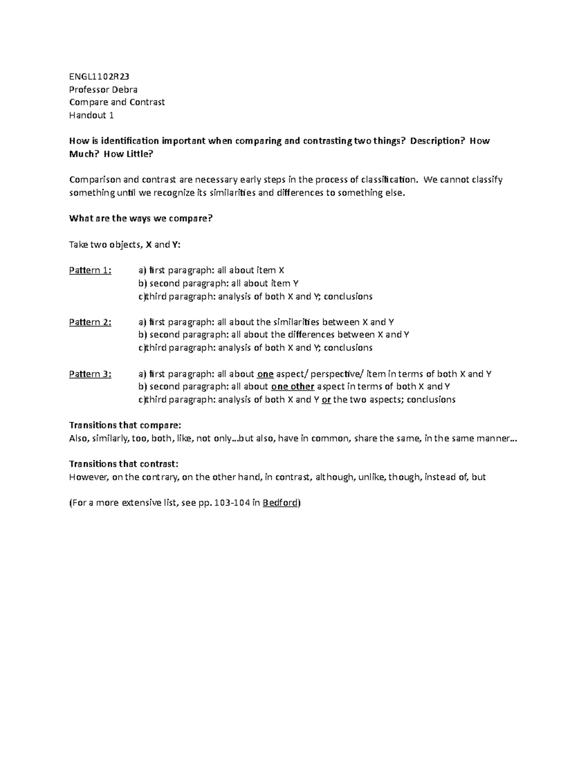 ENGL1102R23 Compare contrast handout 1 - ENGL1102R Professor Debra ...