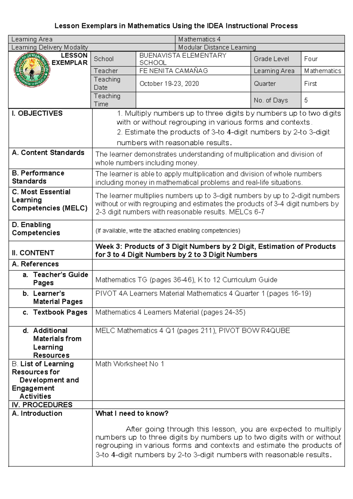 497960753 G4 MELC week 3 MATH - Lesson Exemplars in Mathematics Using ...