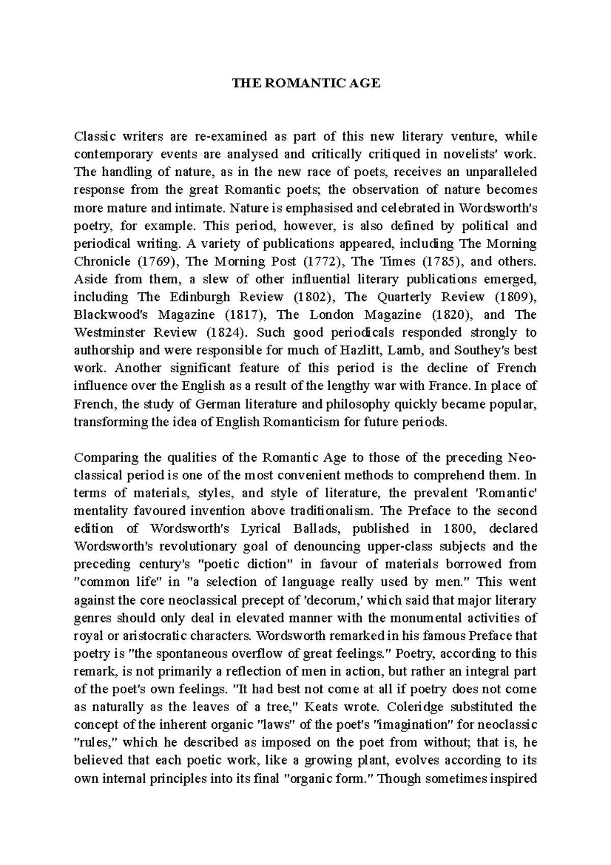 THE Romantic AGE - Lecture notes 6 - THE ROMANTIC AGE Classic writers ...