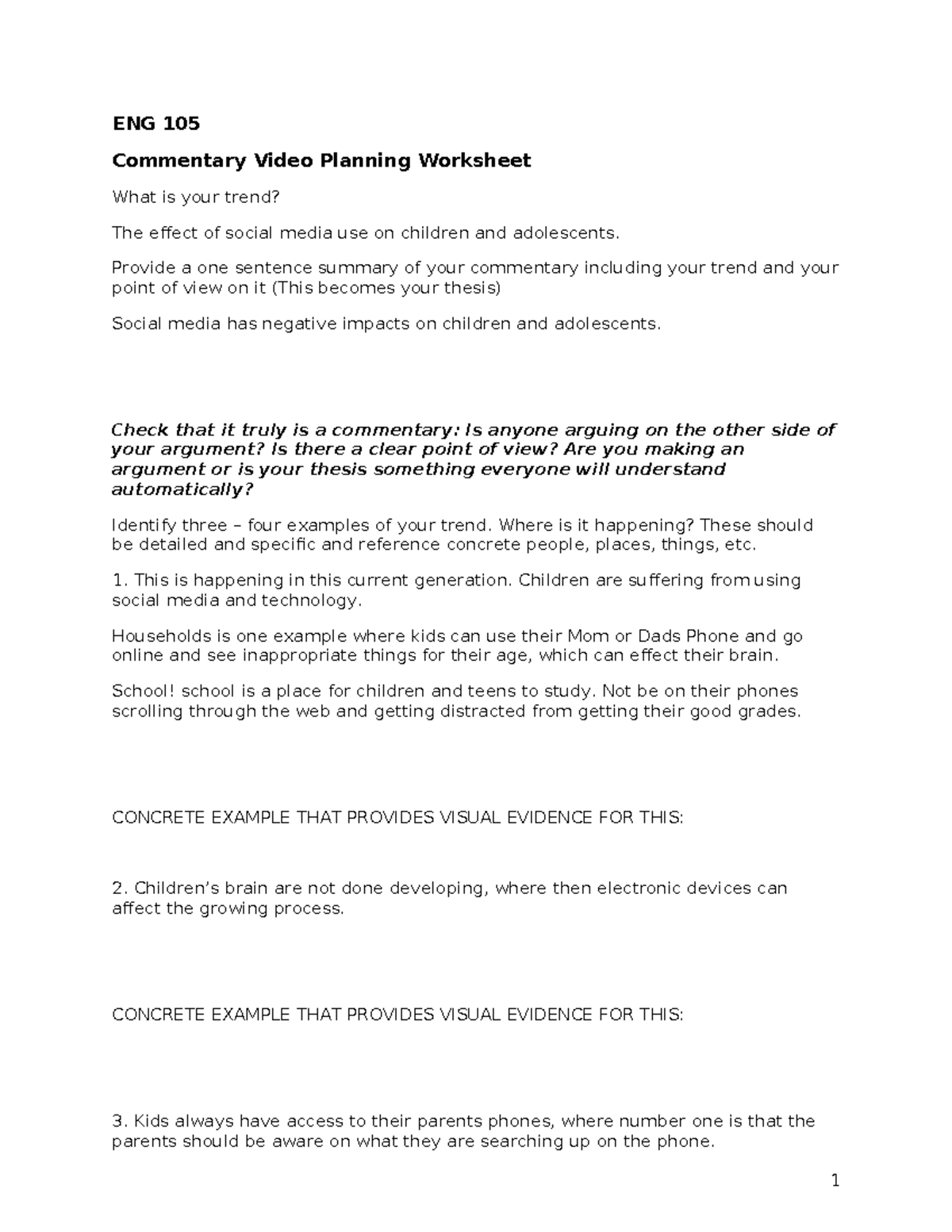 W13 Commentary Video Planning worksheet - ENG 105 Commentary Video ...