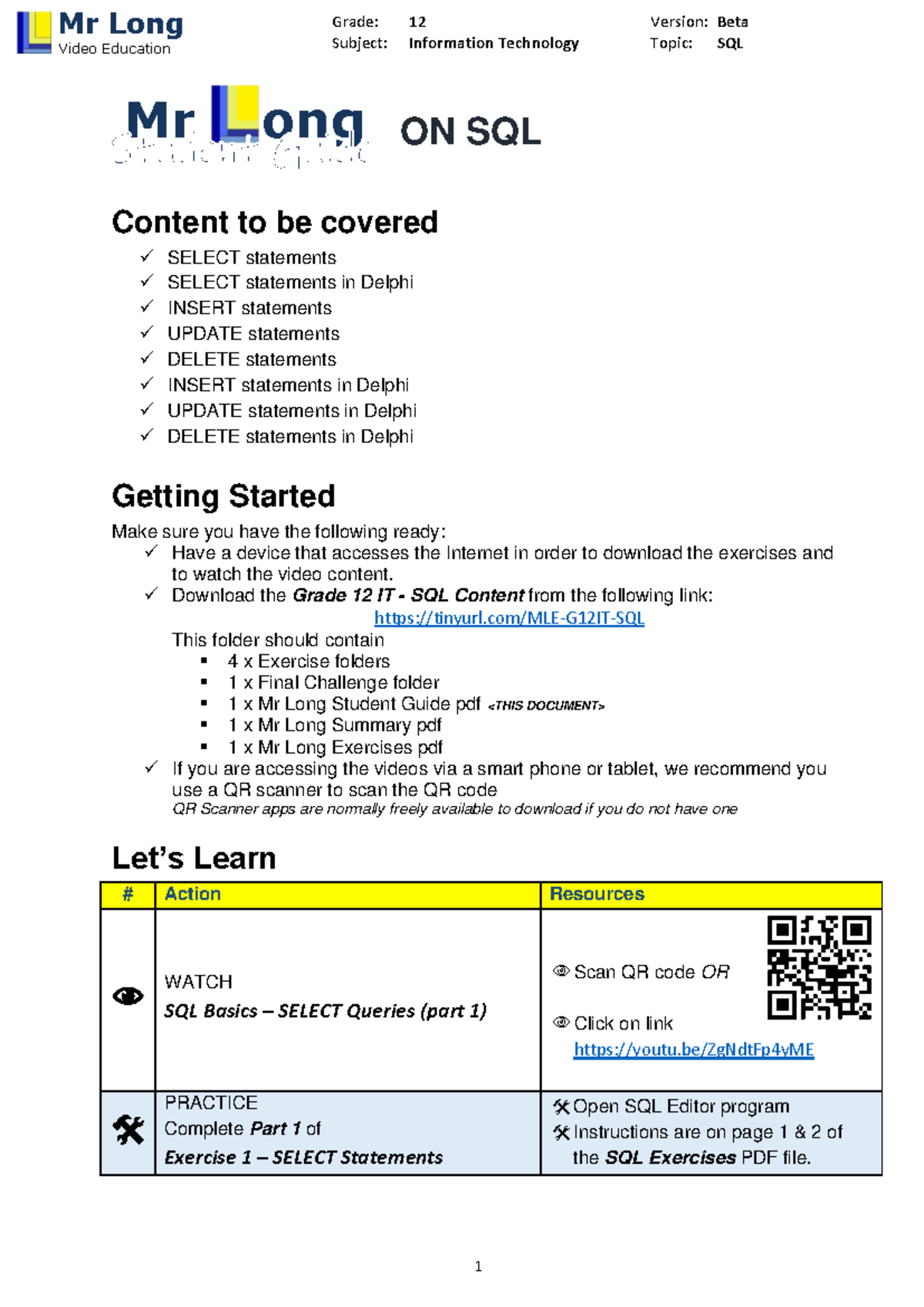SQL Mr Long Student Guide - Subject: Information Technology Topic: SQL Mr Long Video Education ...