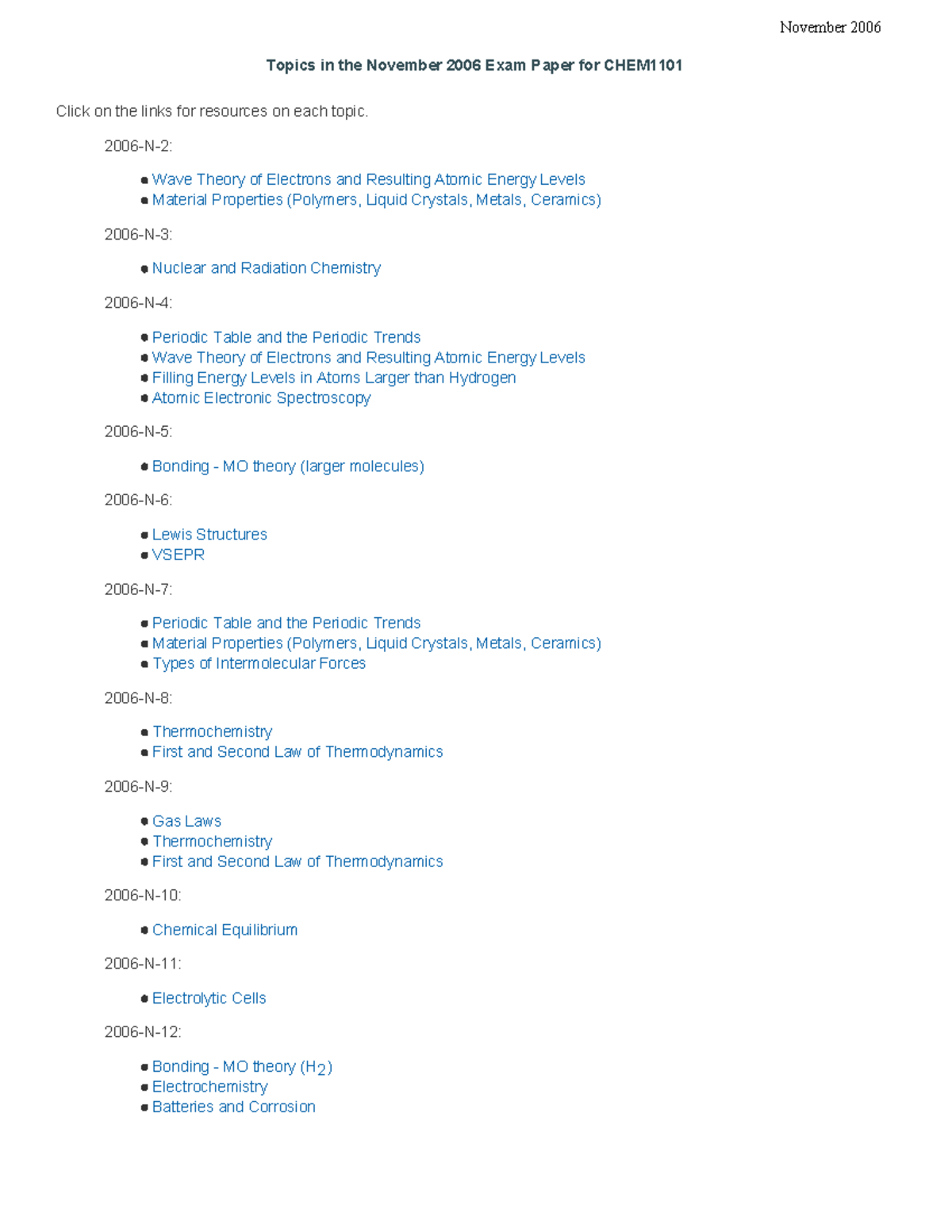November 2006 with topics - Topics in the November 2006 Exam Paper for ...