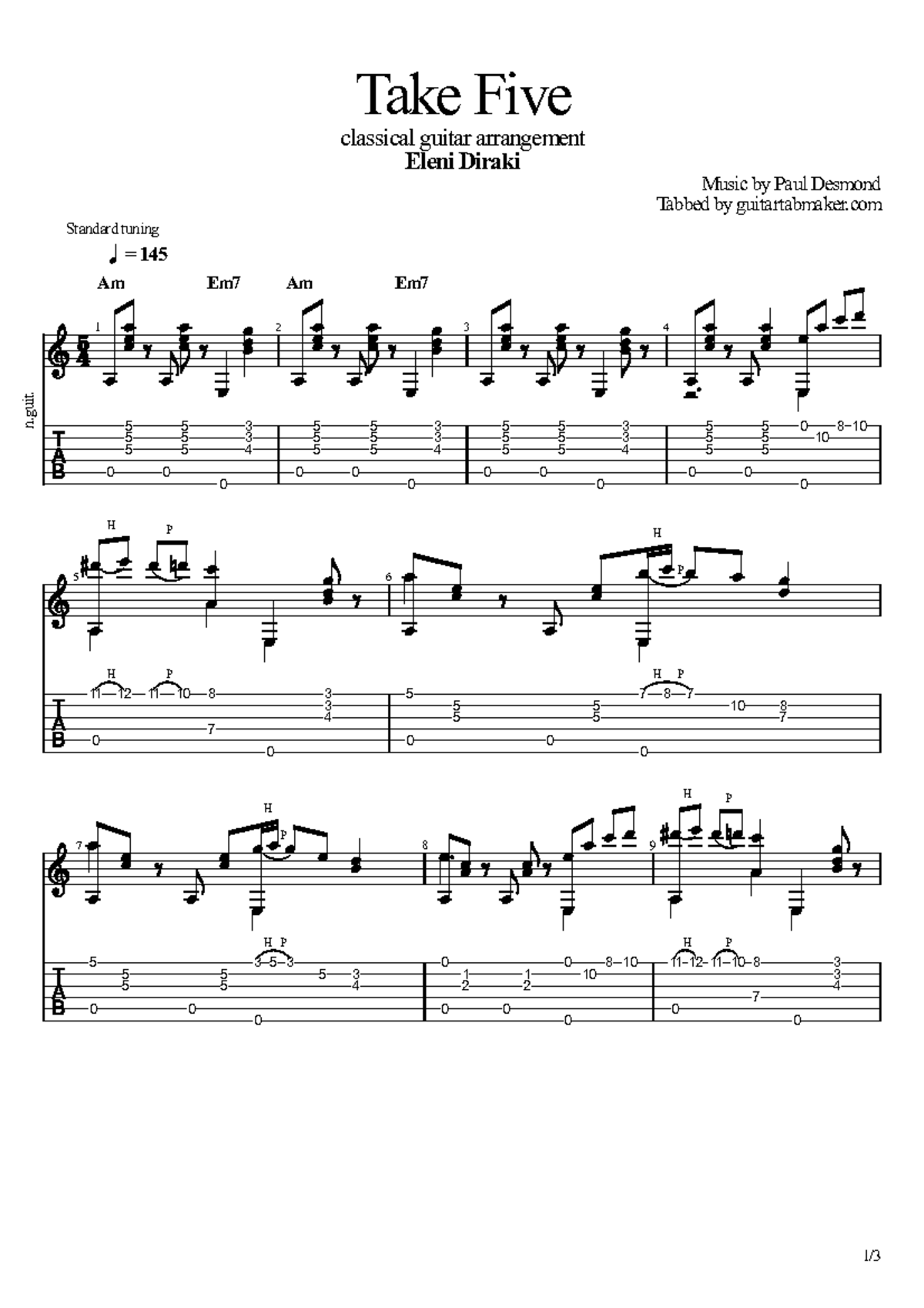 Take Five (classical) - music notations - Take Five classical guitar ...