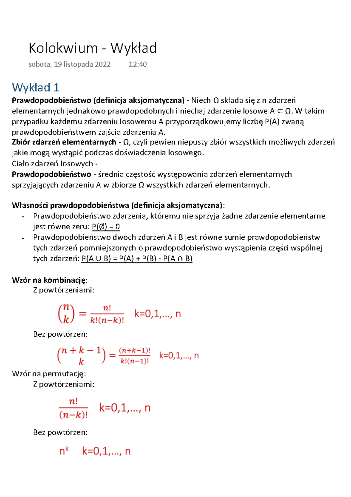 Probabilistyka I Kolokwium - Wykład - Wykład 1 Prawdopodobieństwo (definicja aksjomatyczna ...