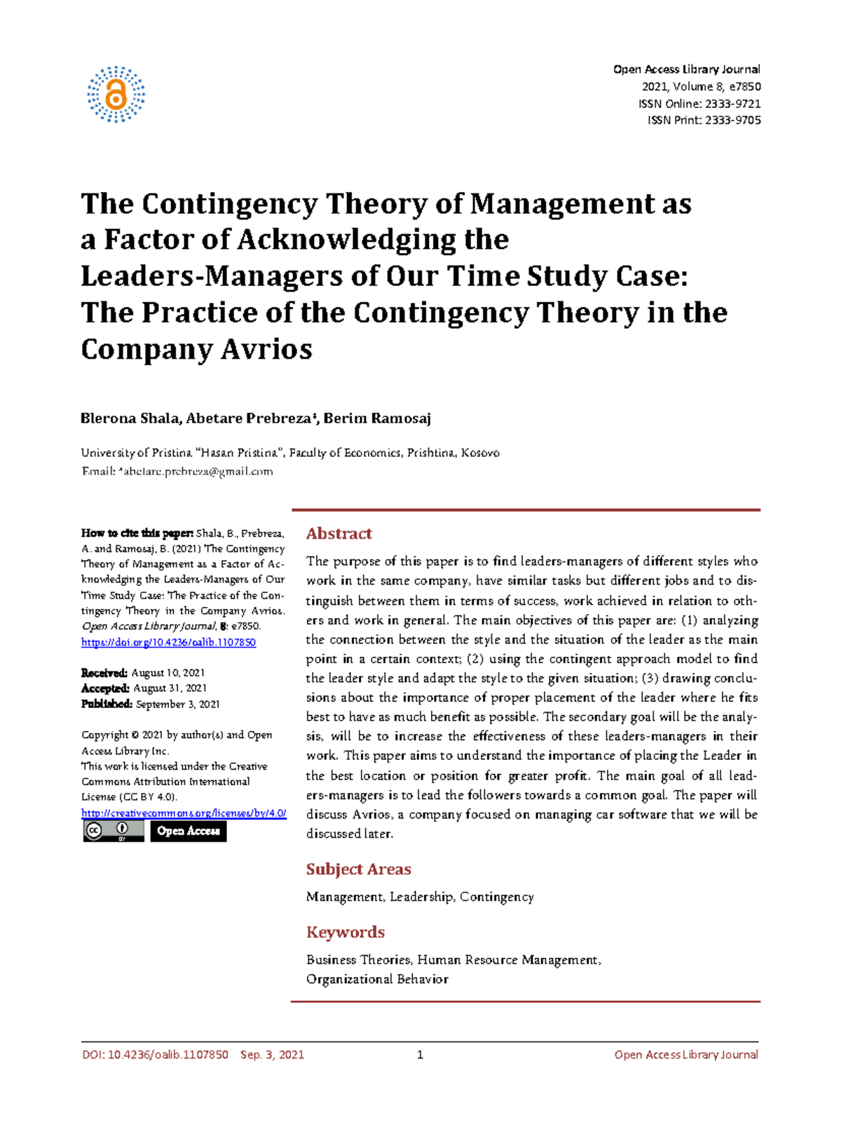 Contingency case study - Open Access Library Journal 2021, Volume 8, e ...