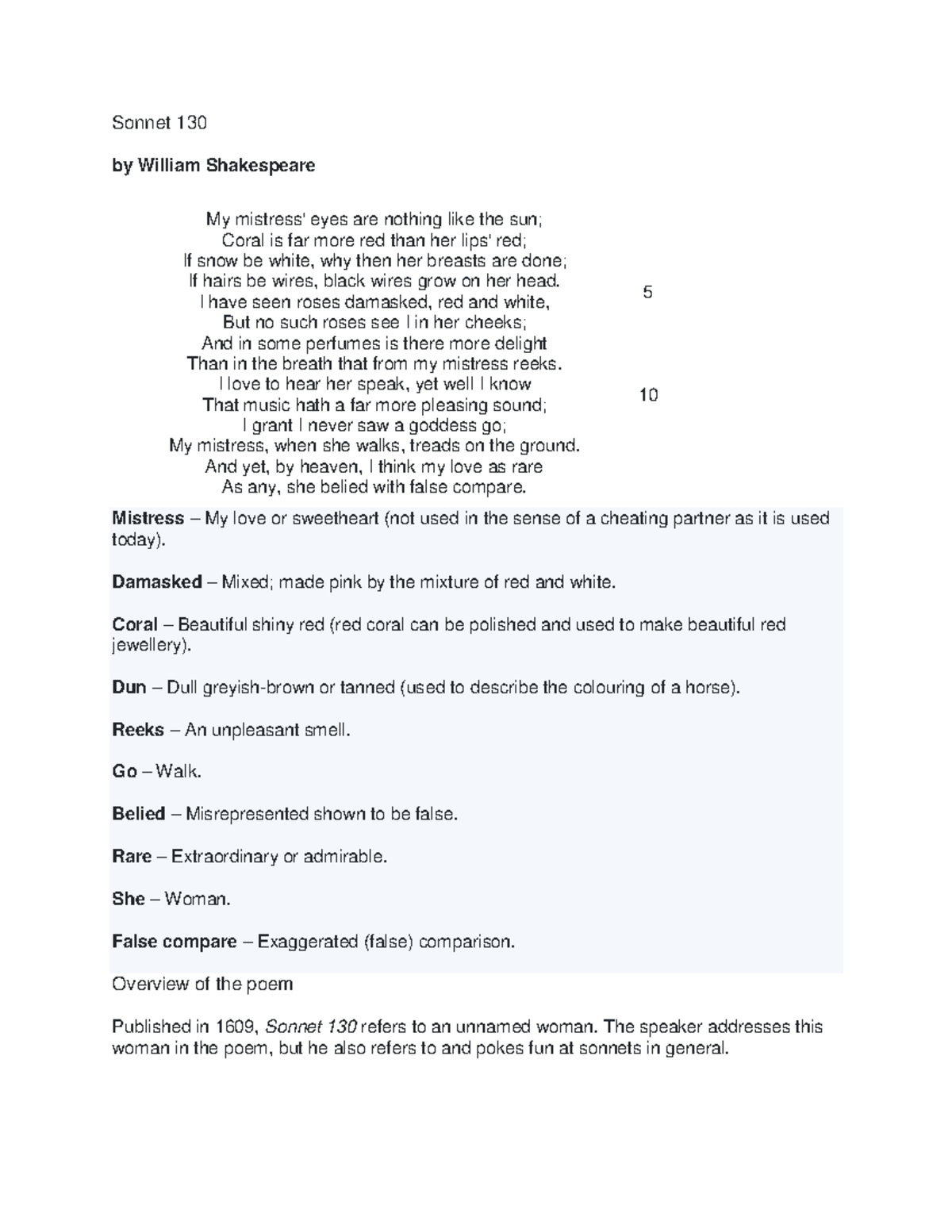 Sonnet 130 - Sonnet 130 by William Shakespeare My mistress' eyes are ...