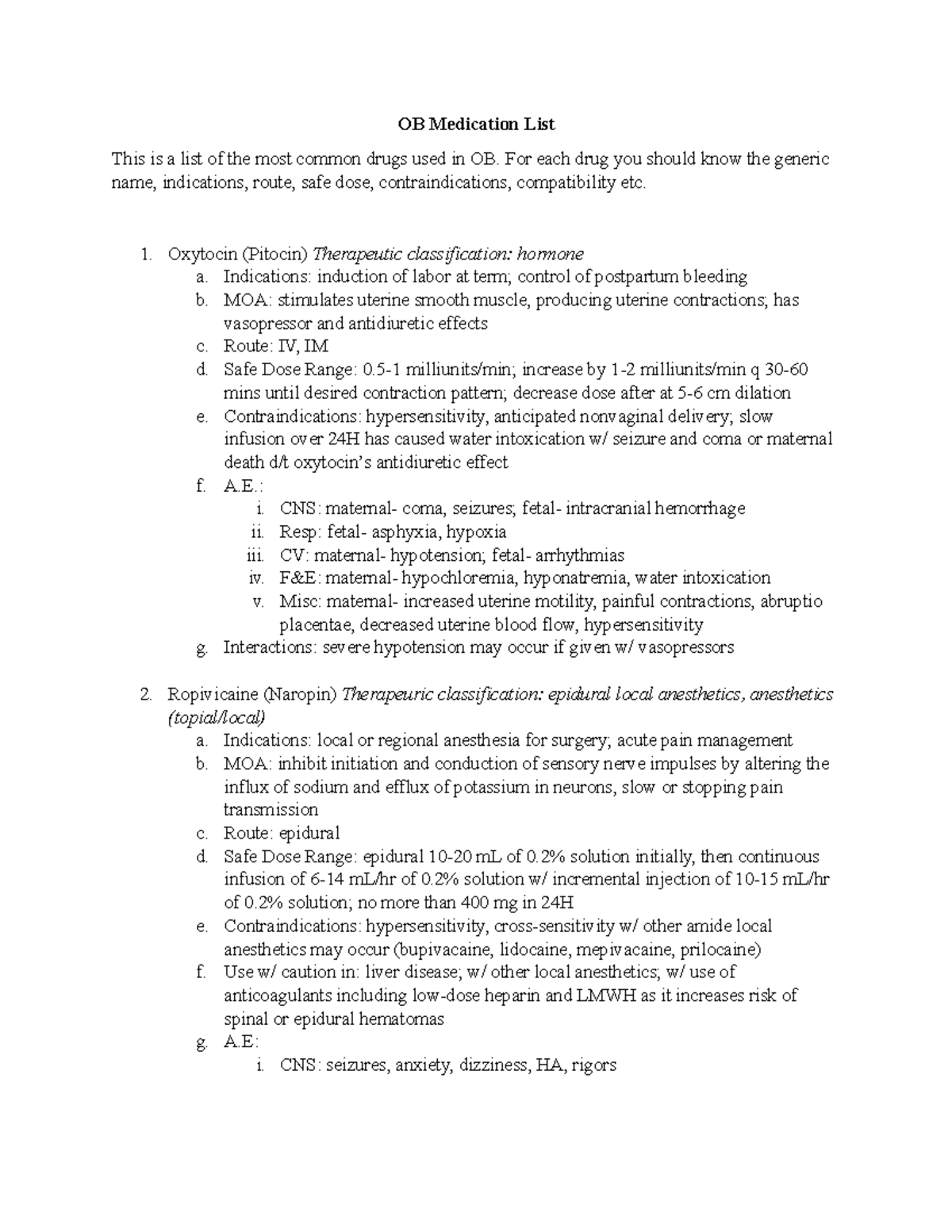 Summer 2019 OB Medication List - OB Medication List This is a list of ...