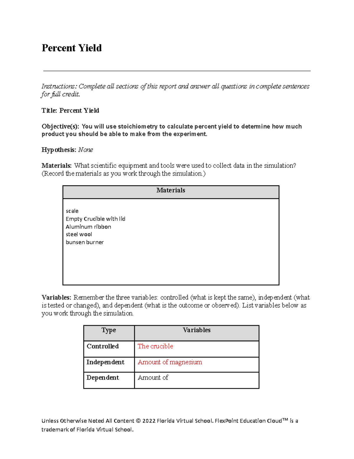 Worksheet 05 07 - Percent Yield Instructions: Complete all sections of ...