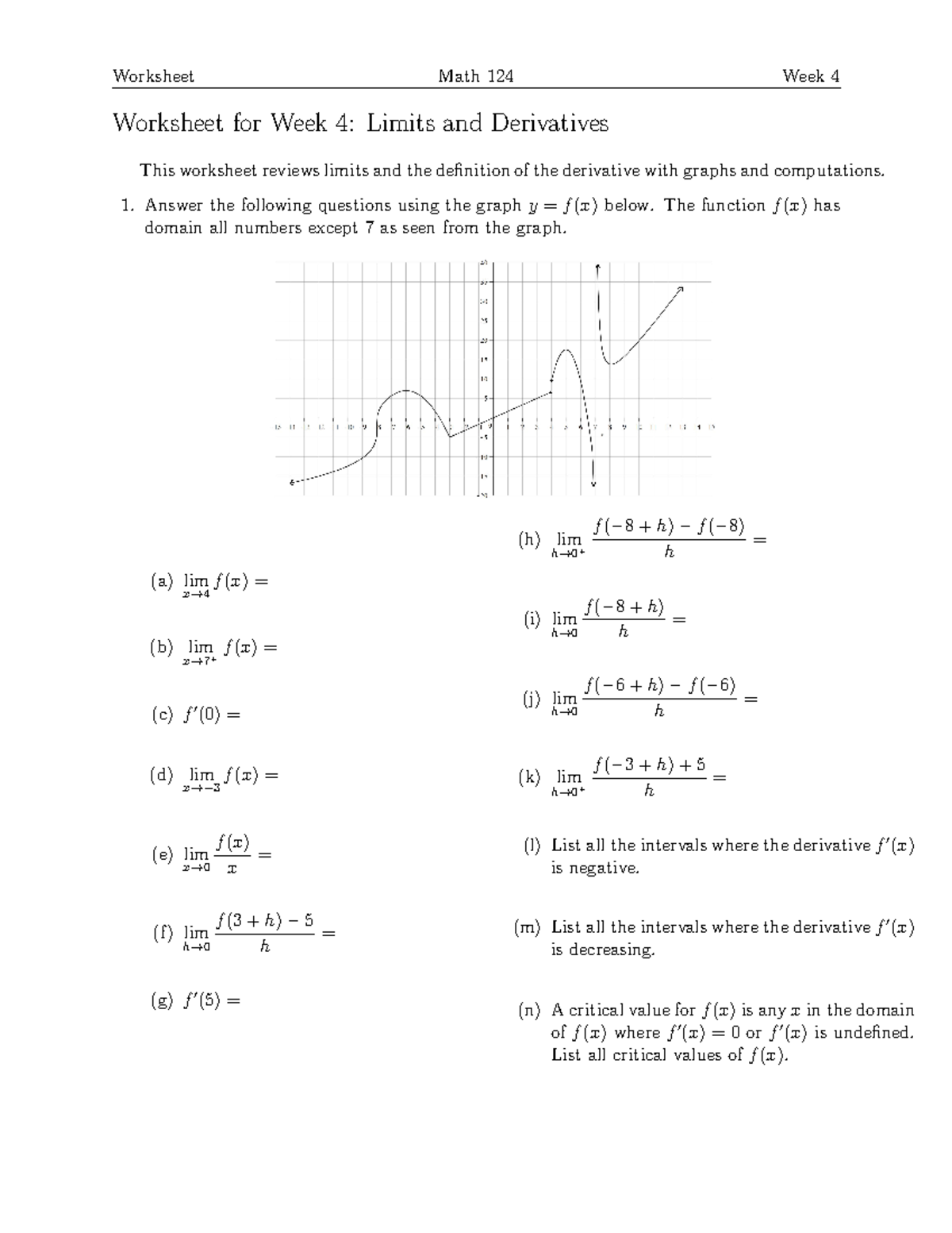 124ws4 - math 124 ws limits - Worksheet for Week 4: Limits and ...