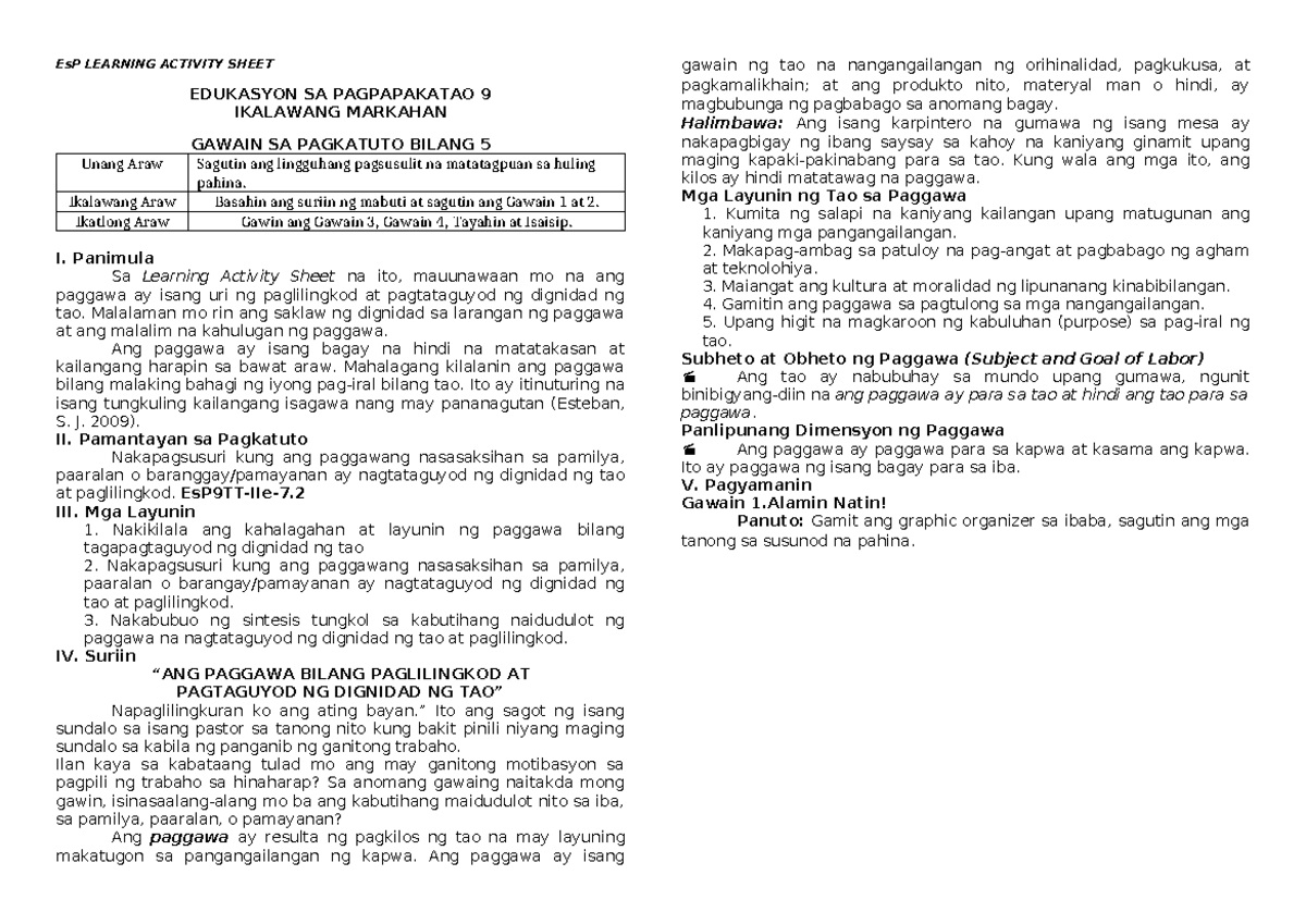 Quarter 2 LAS 5 ESP 9 - MODULES - EsP LEARNING ACTIVITY SHEET EDUKASYON SA PAGPAPAKATAO 9 ...