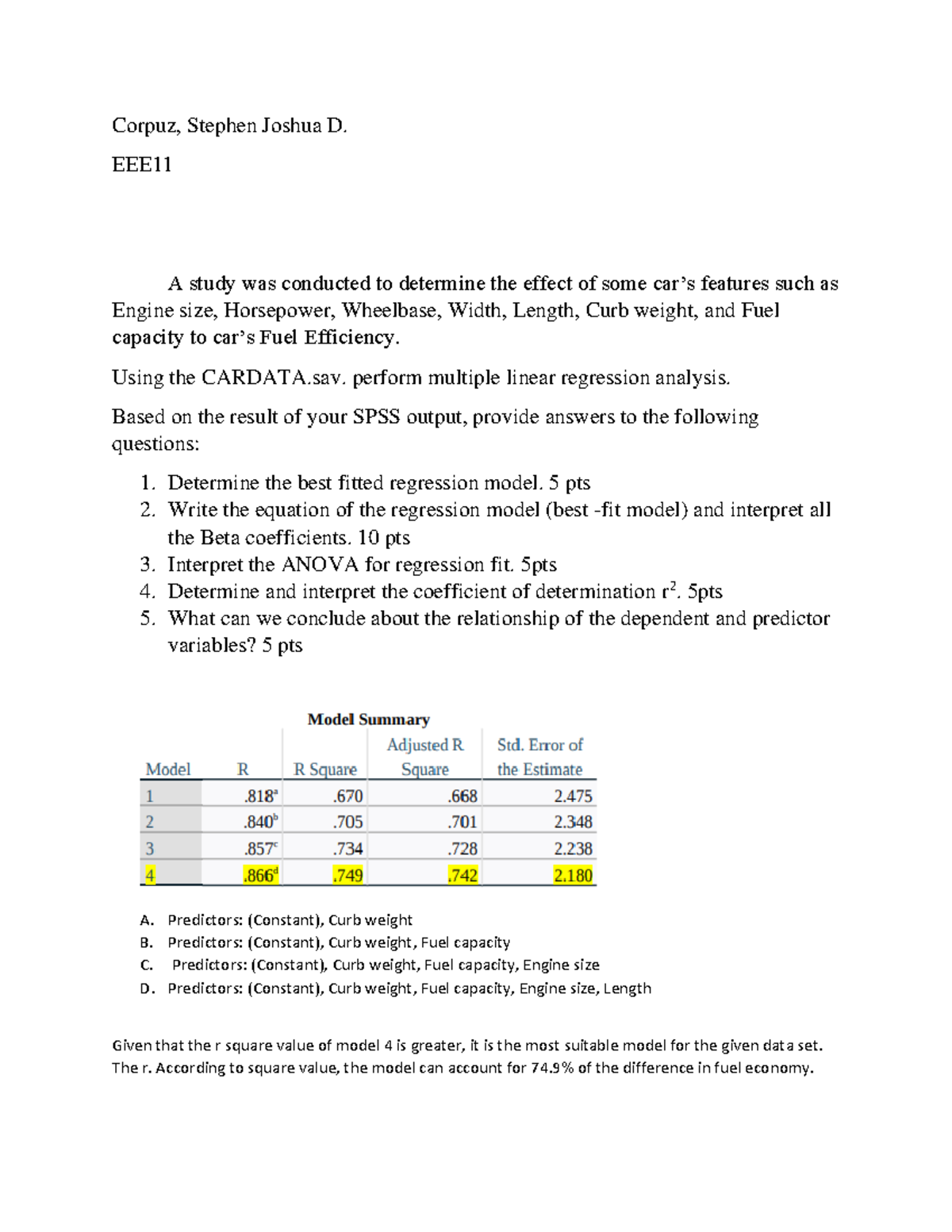 Corpuz Laboratory Multiple Linear Regression - Corpuz, Stephen Joshua D. EEE A study was ...