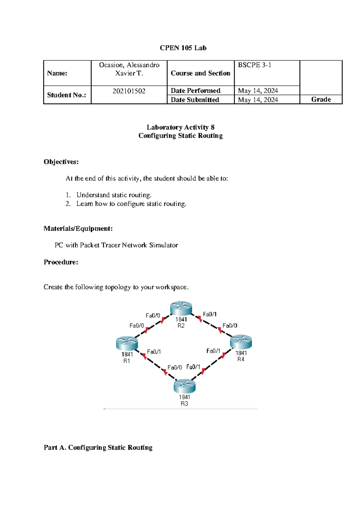 Activity 8 Static Routing - CPEN 105 Lab Name: Ocasion, Alessandro Xavier T. Course and Section ...