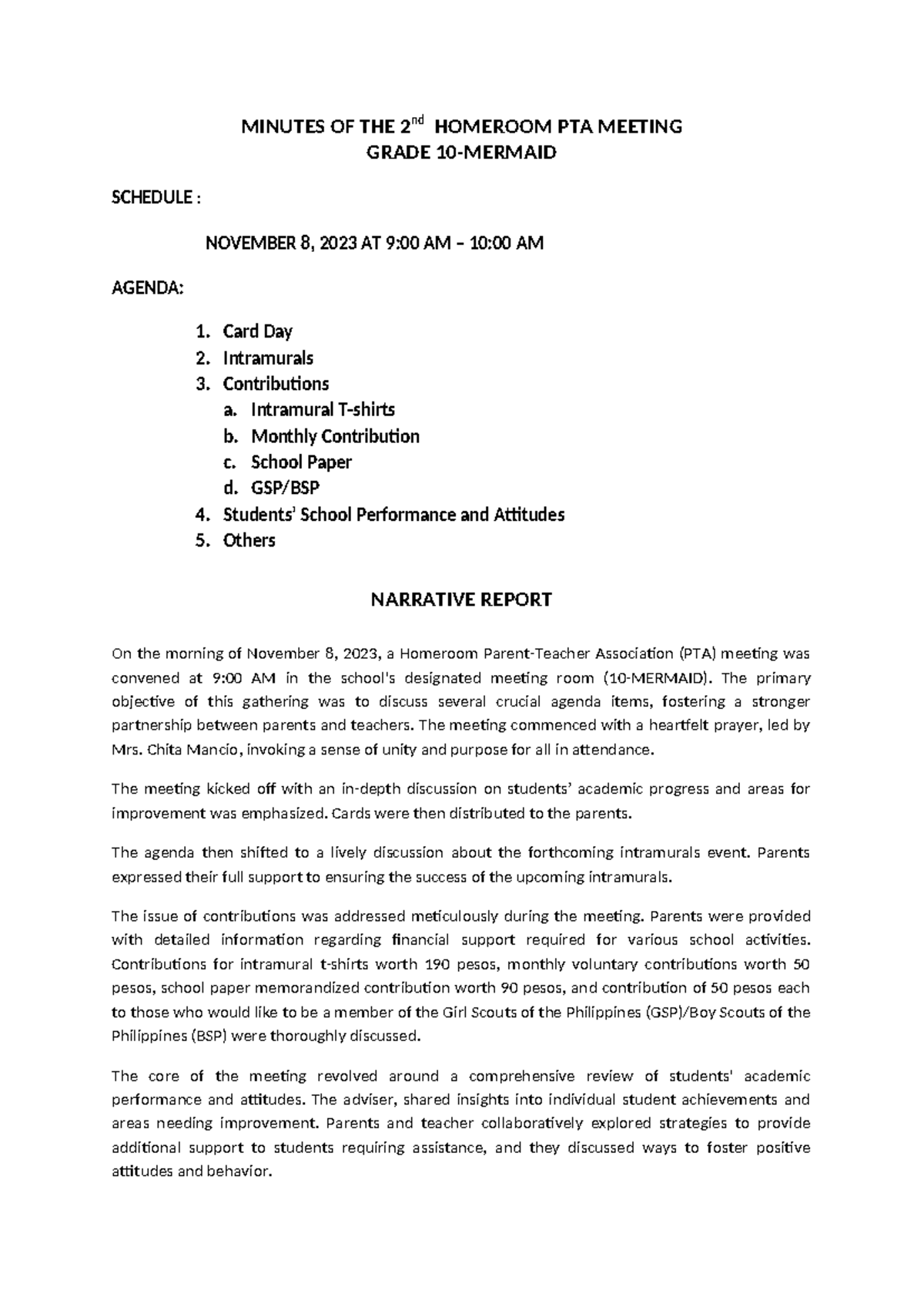 2 HPTA Meeting Narrative Report - MINUTES OF THE 2 nd HOMEROOM PTA ...