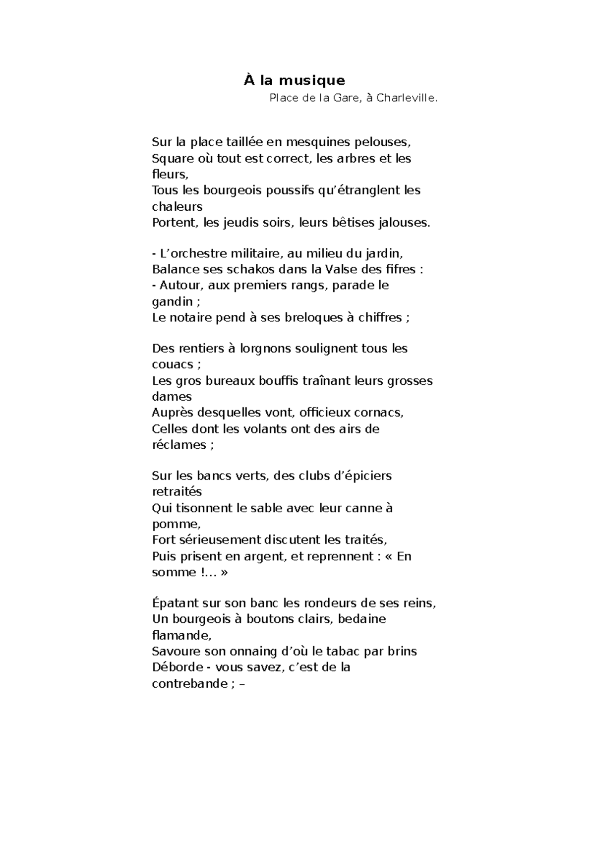 Analyse linéaire - À la musique - À la musique Place de la Gare, à ...