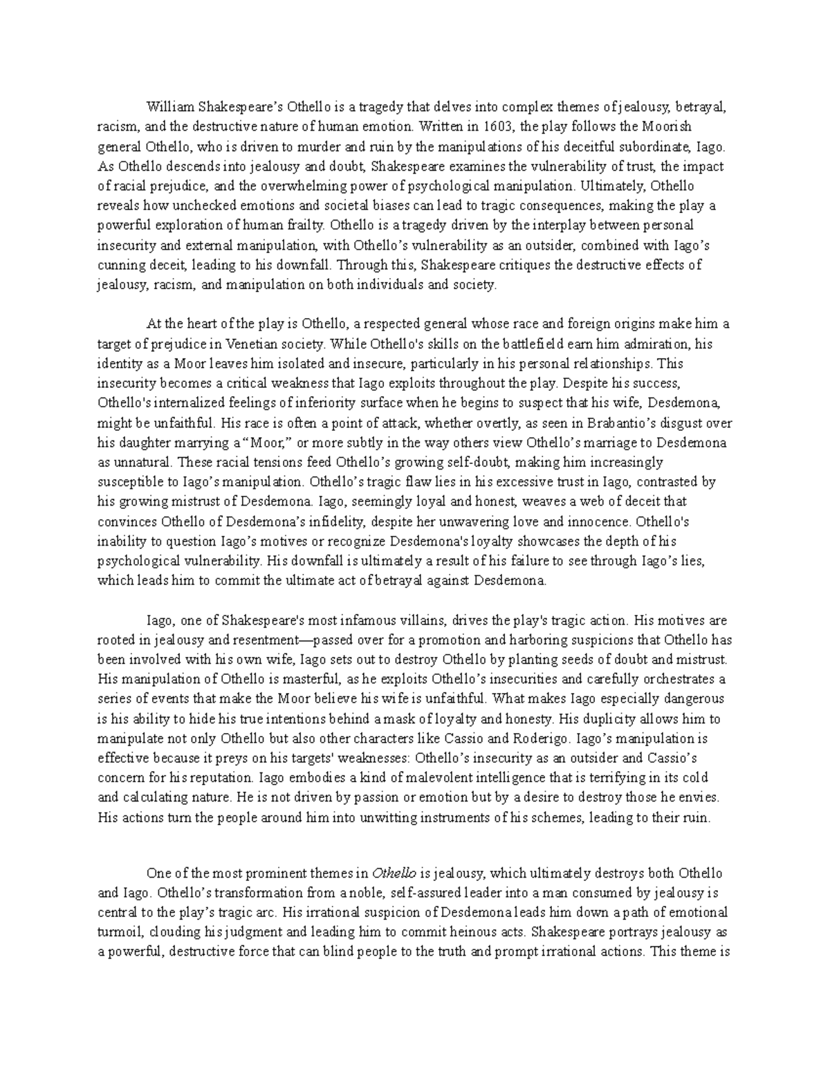 Othello Essay 1 - William Shakespeare’s Othello is a tragedy that ...