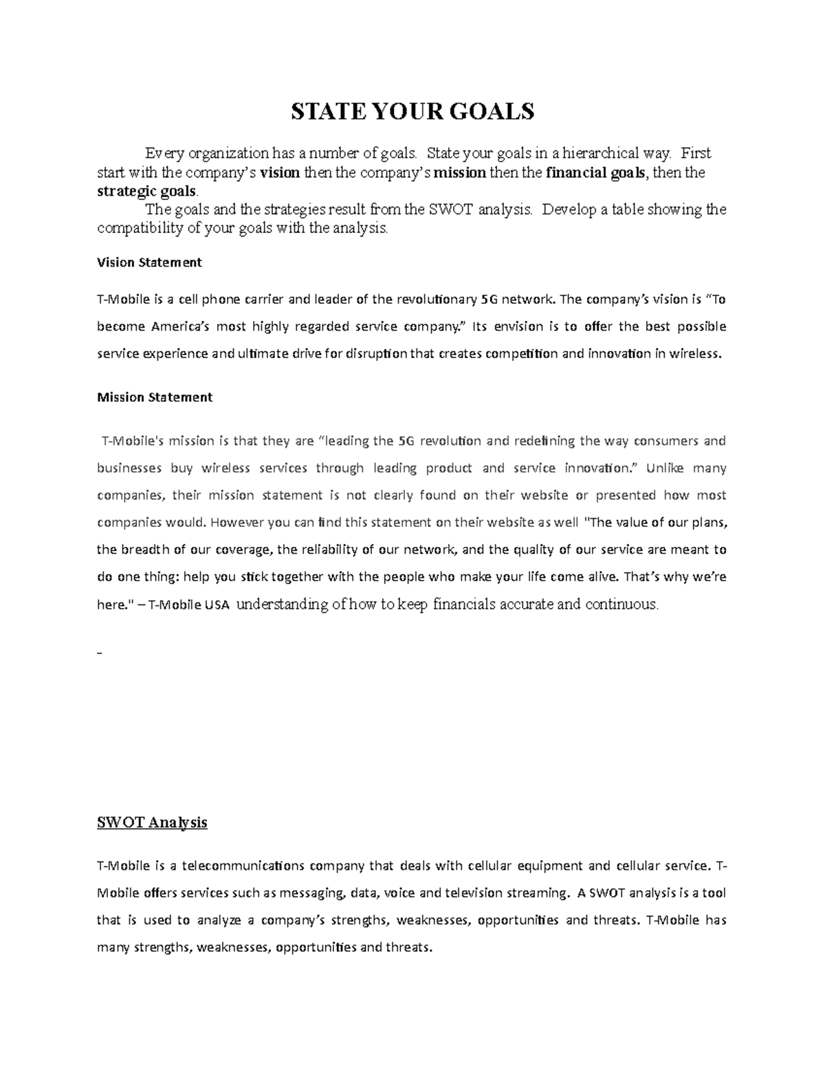 MGT 700 Project Goals - STATE YOUR GOALS Every organization has a ...