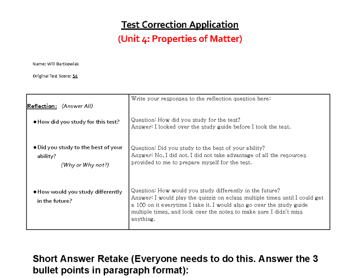 Test Corrections Handout - Test Correction Application (Unit 4 ...