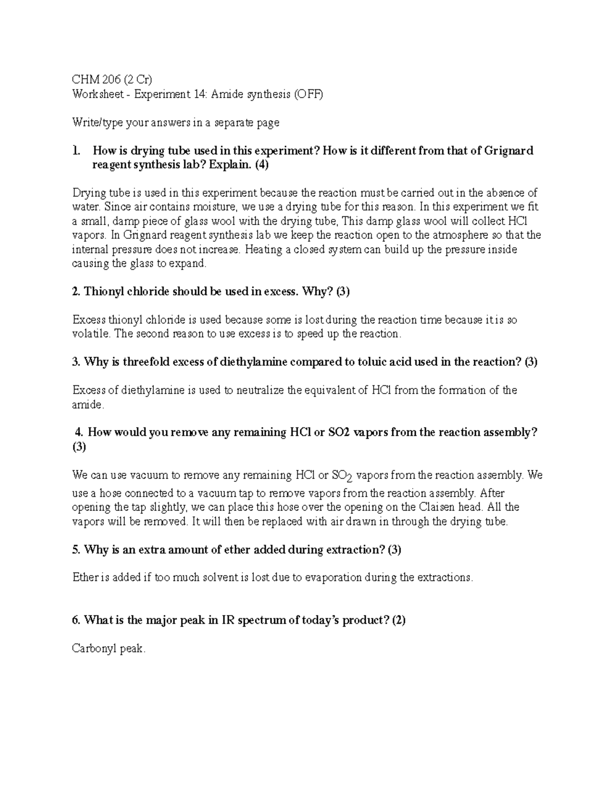 Amide synthesis - Lab worksheet - CHM 206 (2 Cr) Worksheet - Experiment ...