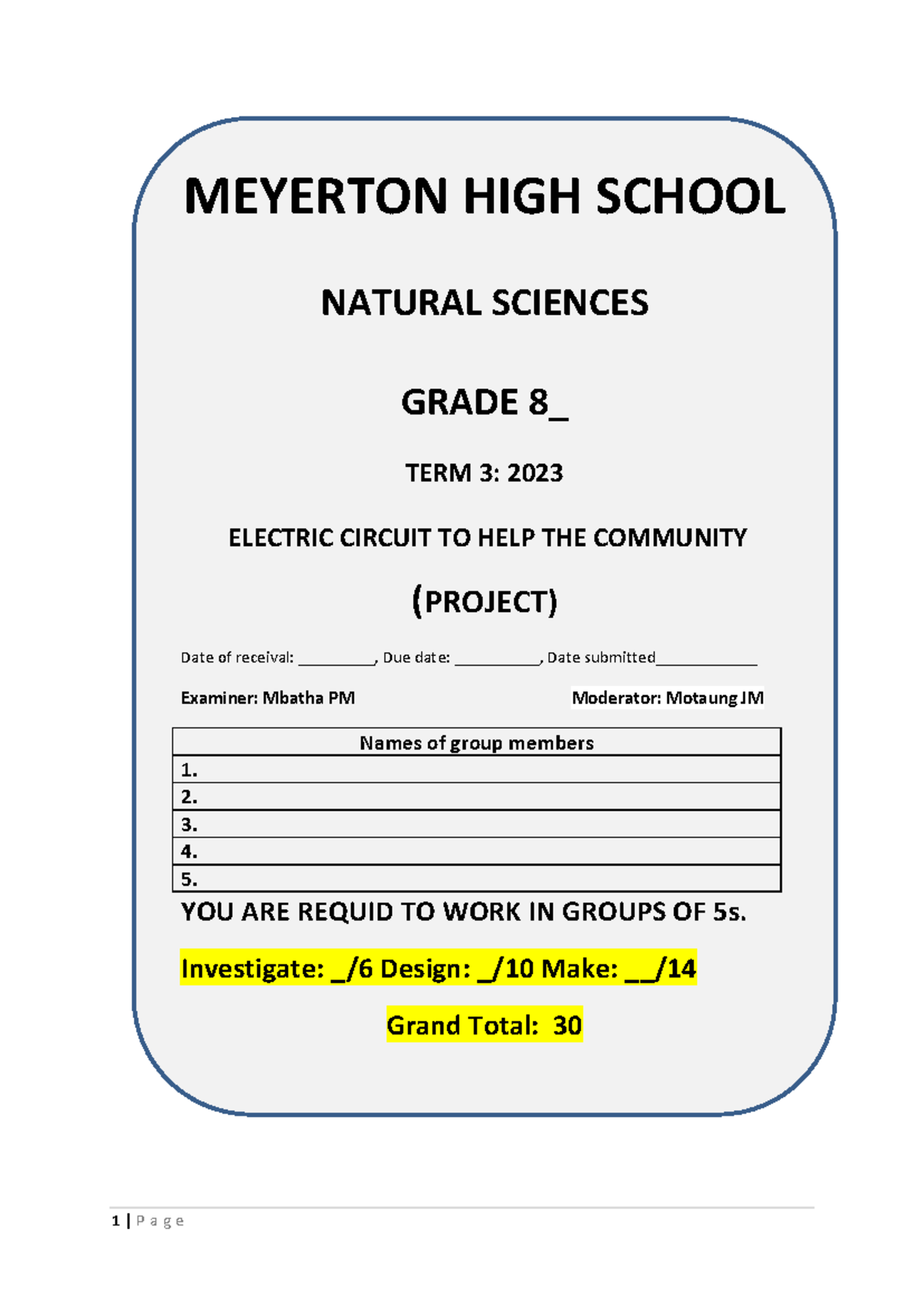 NS Project GRD 8 Term 3 2023 MEMO - MEYERTON HIGH SCHOOL NATURAL ...