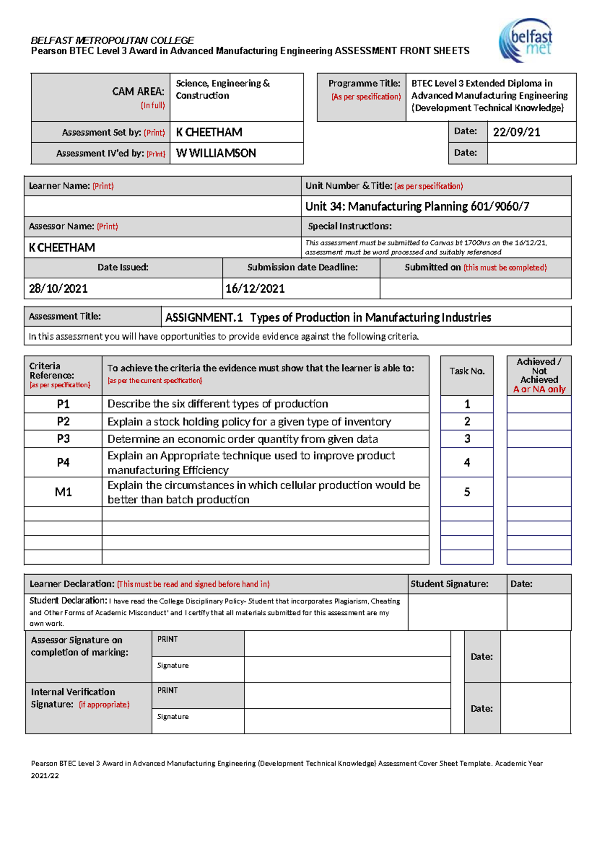 Manufacturing Planning Assessment 1 21-22 - Pearson BTEC Level 3 Award ...