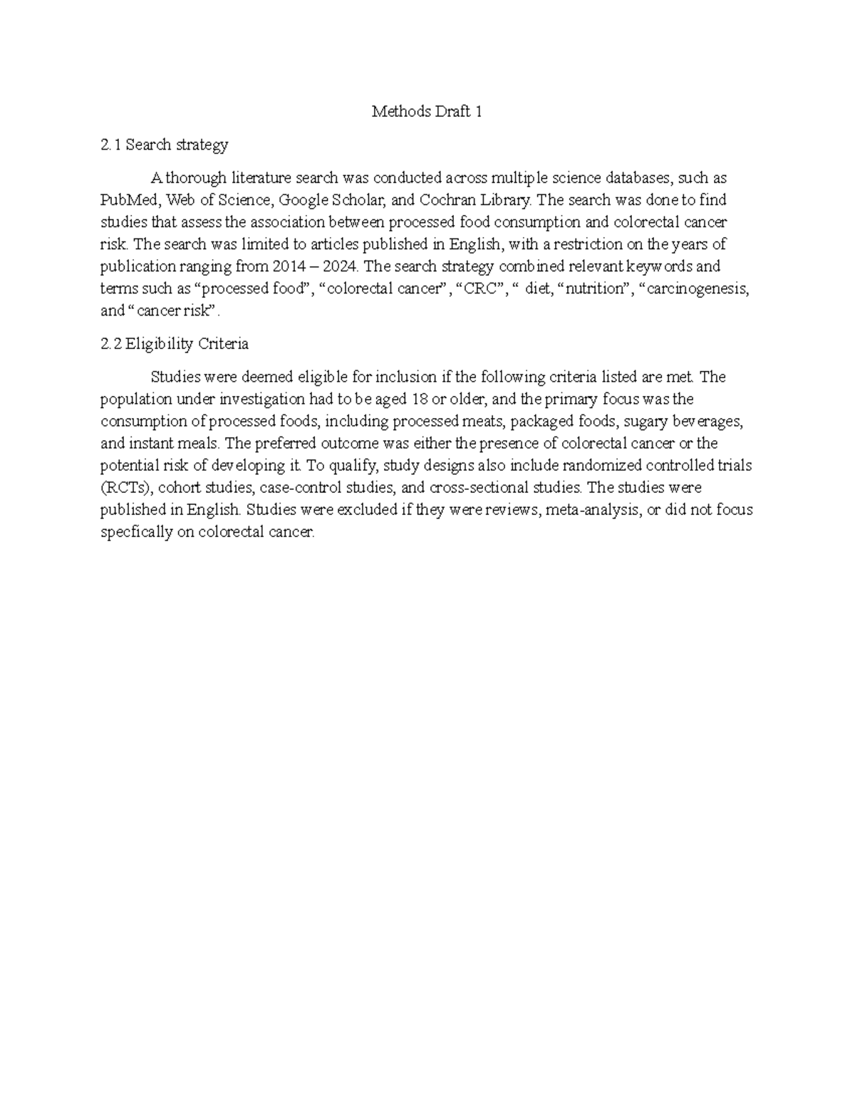 Methods Draft 1 - Research writing - Methods Draft 1 2 Search strategy A thorough literature ...