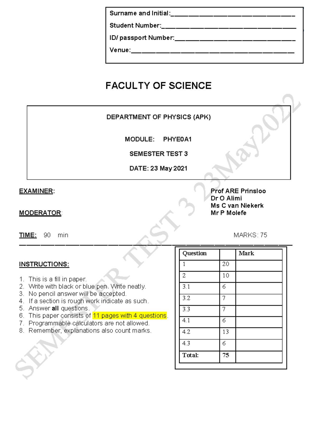 Semester test 3 23 May 2022 - Question Paper - 1 Initial: FACULTY OF ...