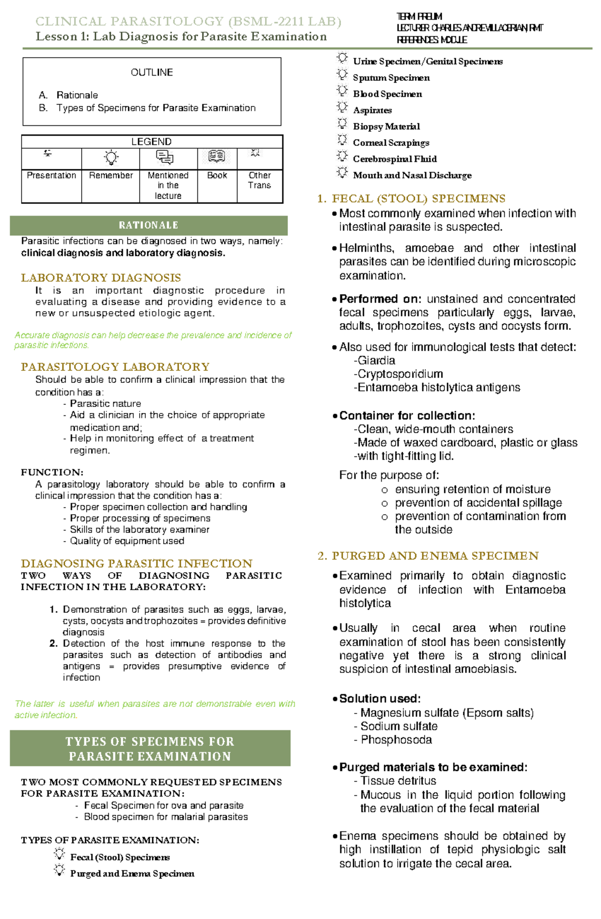 LECTURE NOTES INTRODUCTION TO CLINICAL PARASITOLOGY - CLINICAL ...