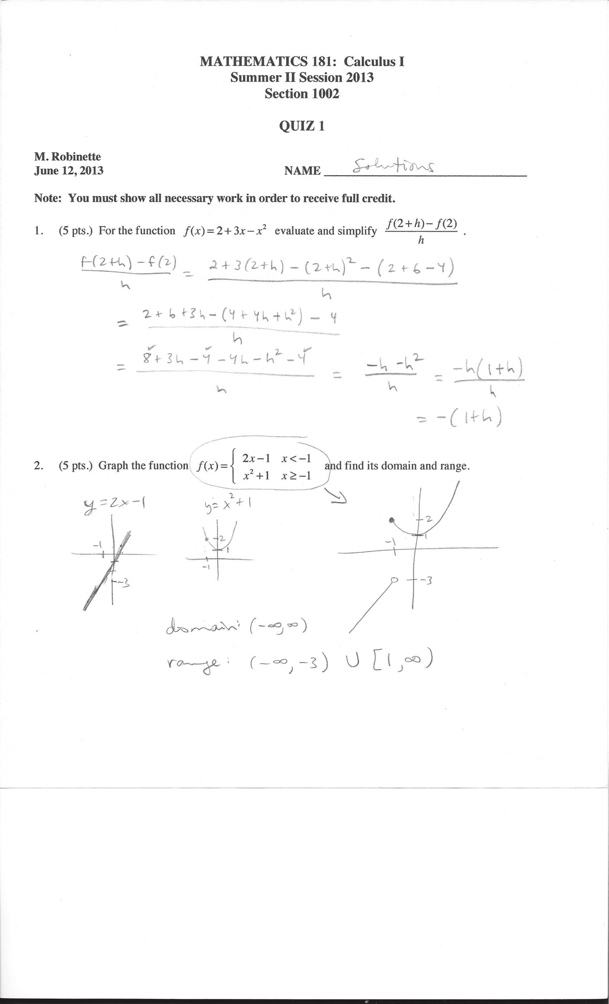 Tutorial work - 1 - MATH 181 - Studocu
